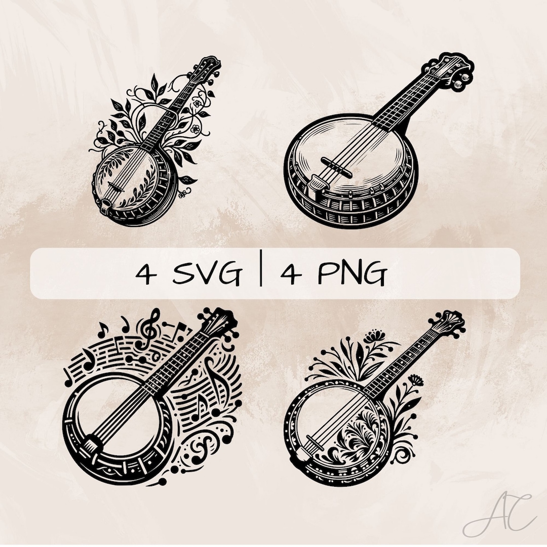 Banjo SVG Bundle, Banjo and Flowers PNG, Banjo and Vine Clipart, Hand ...