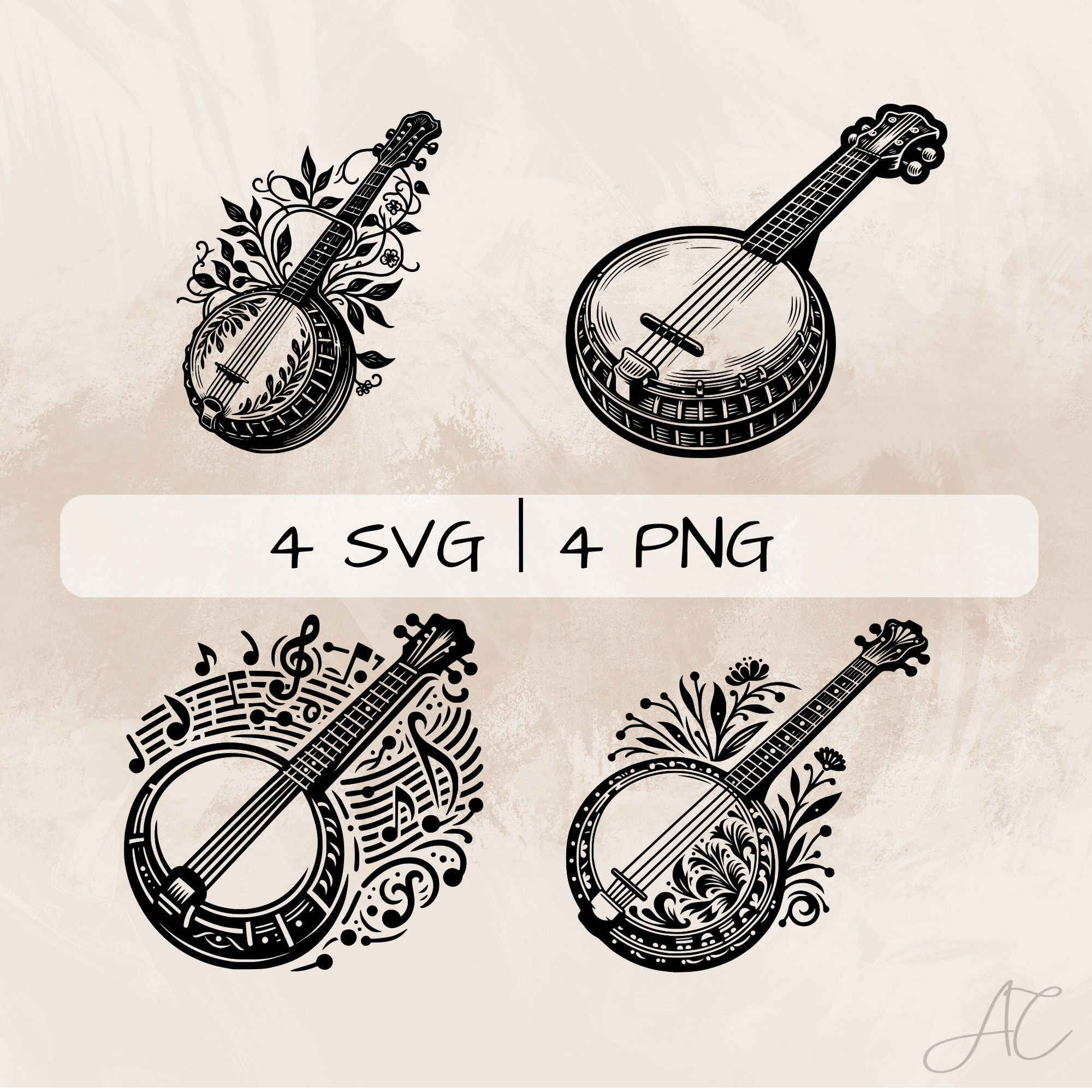 Banjo SVG Bundle, Banjo and Flowers PNG, Banjo and Vine Clipart, Hand ...