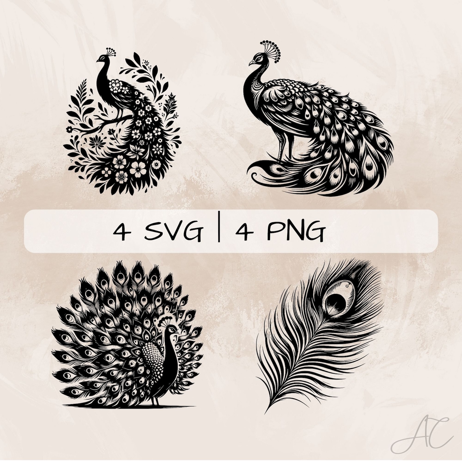 Peacock SVG Bundle, Peacock Feather PNG, Floral Peacock Clipart, Hand ...