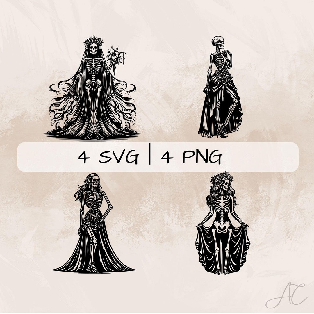Skeleton SVG Bundle, Skeleton Bride PNG, Skeleton in a Dress Clipart ...