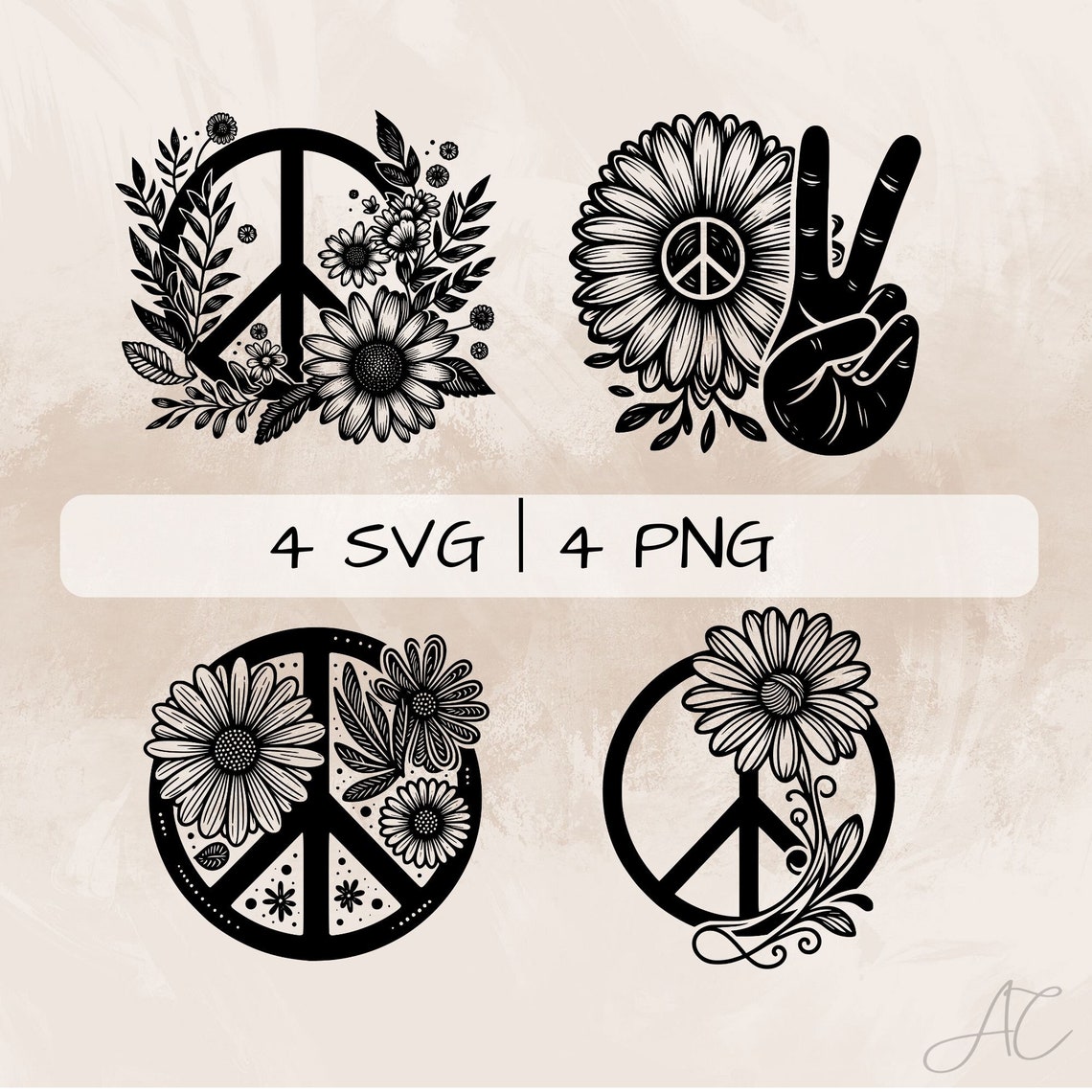 Daisy and Peace Sign SVG Bundle, Daisy PNG, Peace Sign Clipart, Hand ...