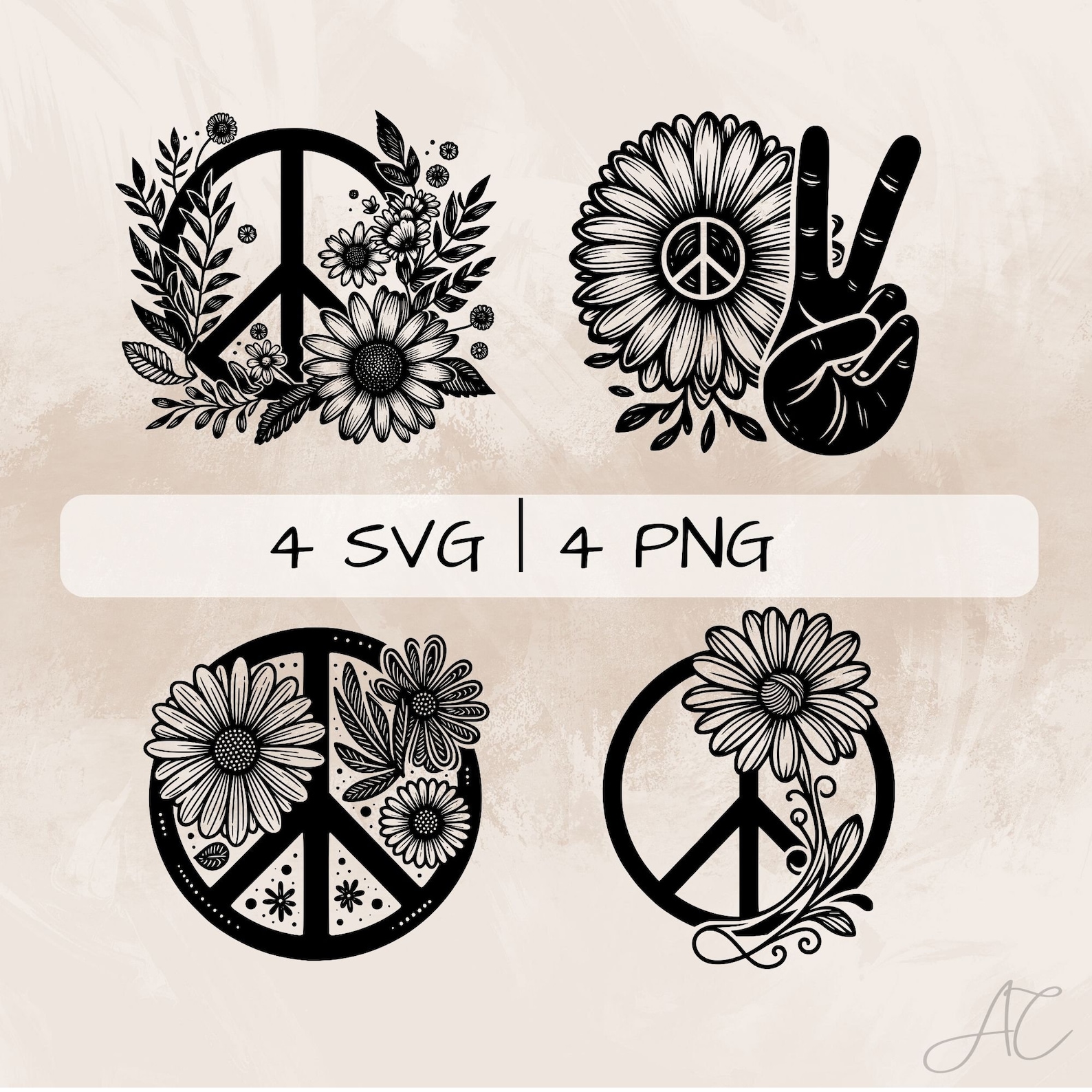 Daisy and Peace Sign SVG Bundle, Daisy PNG, Peace Sign Clipart, Hand ...