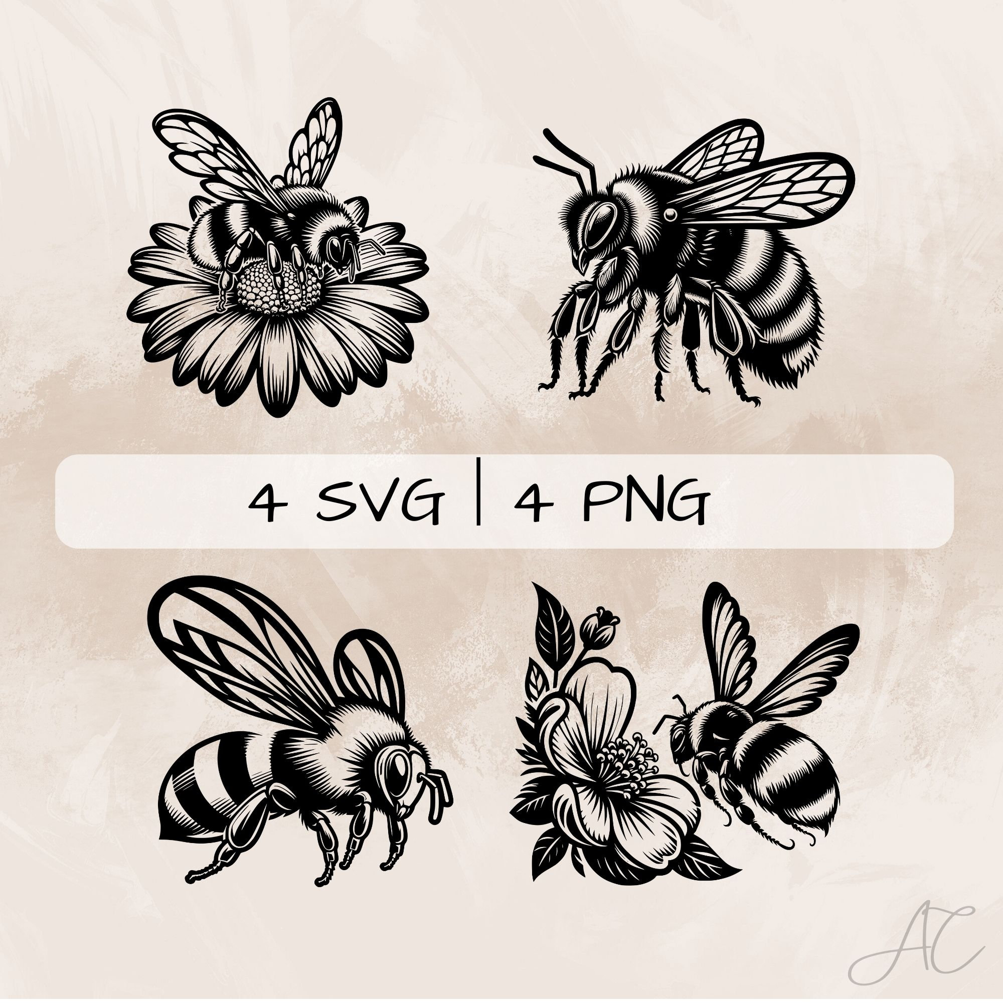 Bumblebee SVG Bundle, Bee PNG, Bumblebee and Flowers Clipart, Hand ...
