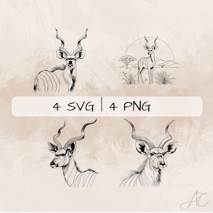 Delicate Kudu SVG Bundle, Kudu Line Art PNG, Kudu Face Clipart, Hand ...