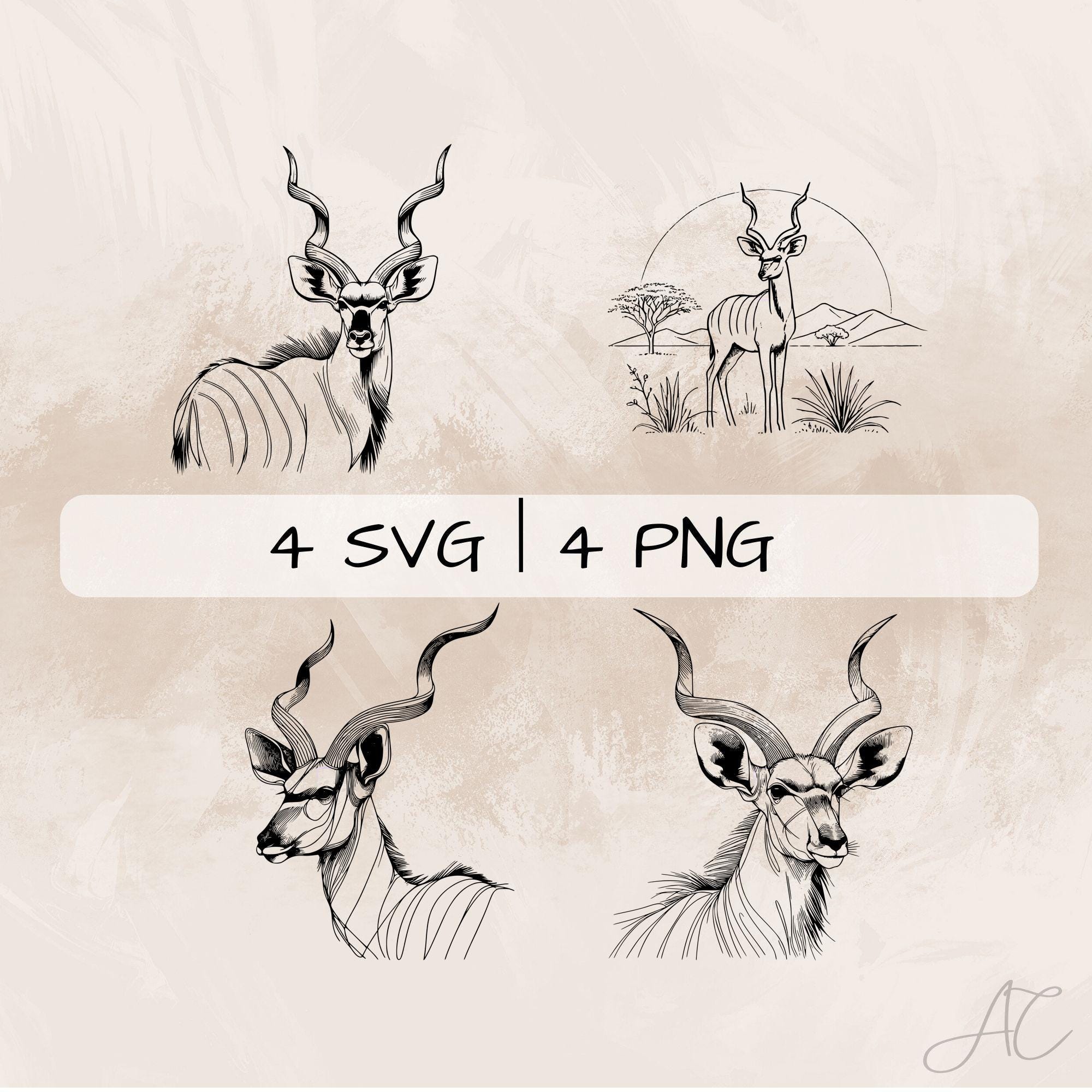 Delicate Kudu SVG Bundle, Kudu Line Art PNG, Kudu Face Clipart, Hand ...