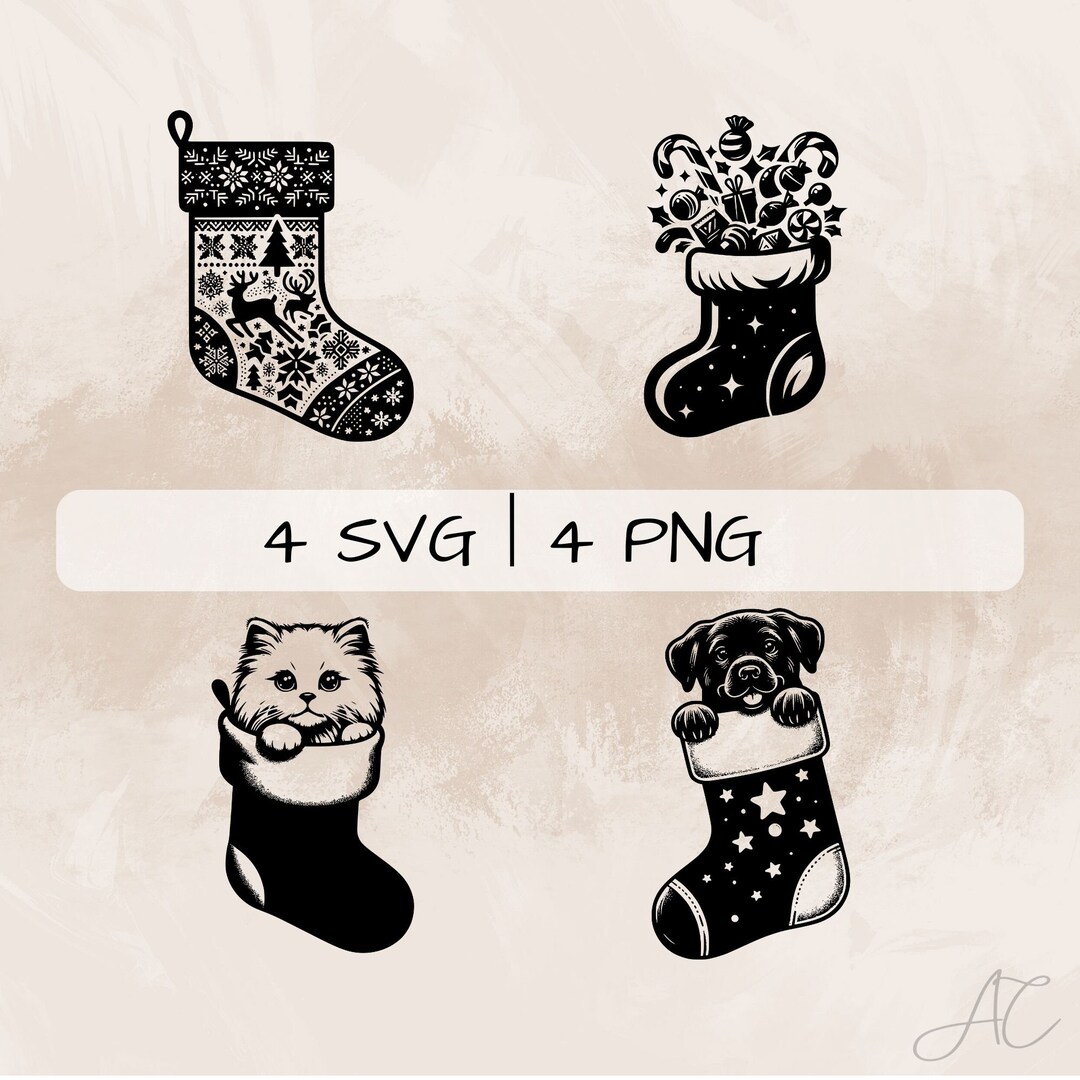 Christmas Stocking SVG Bundle, Christmas PNG, Stocking Clipart, Hand ...