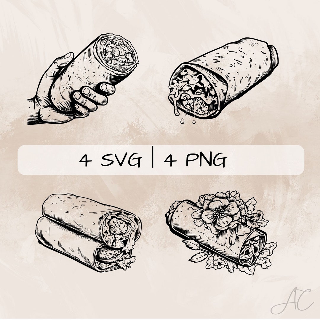 Burrito SVG Bundle, Wrap PNG, Wrap in Hand Clipart, Hand Drawn Burrito ...