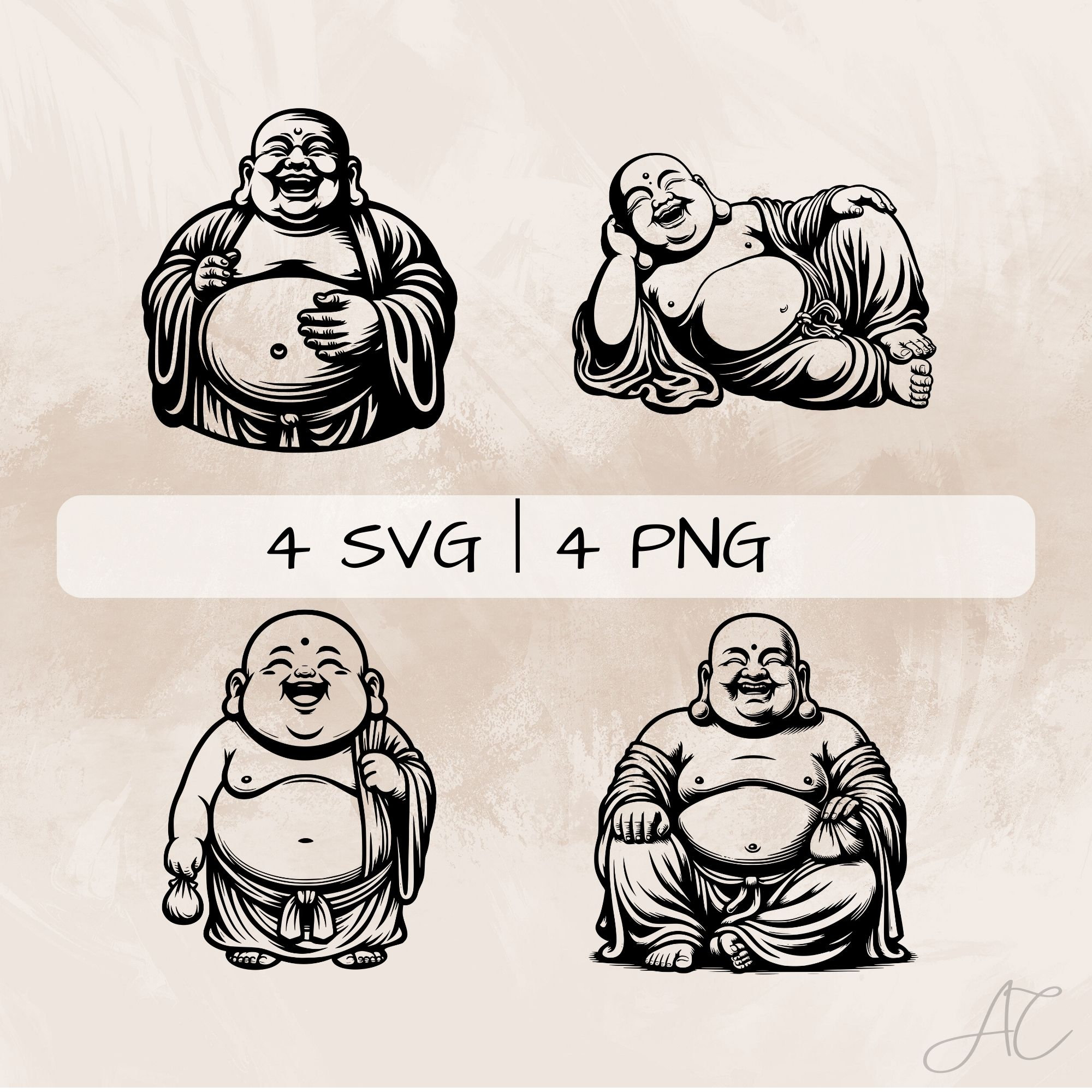 Laughing Buddha SVG Bundle, Budai PNG, Smiling Buddha Clipart, Hand ...