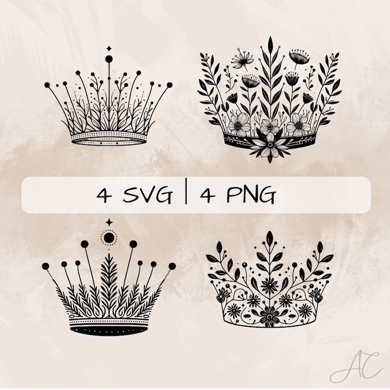 Crown SVG Bundle, Crown of Flowers PNG, Tiara Crown Clipart ,hand Drawn ...