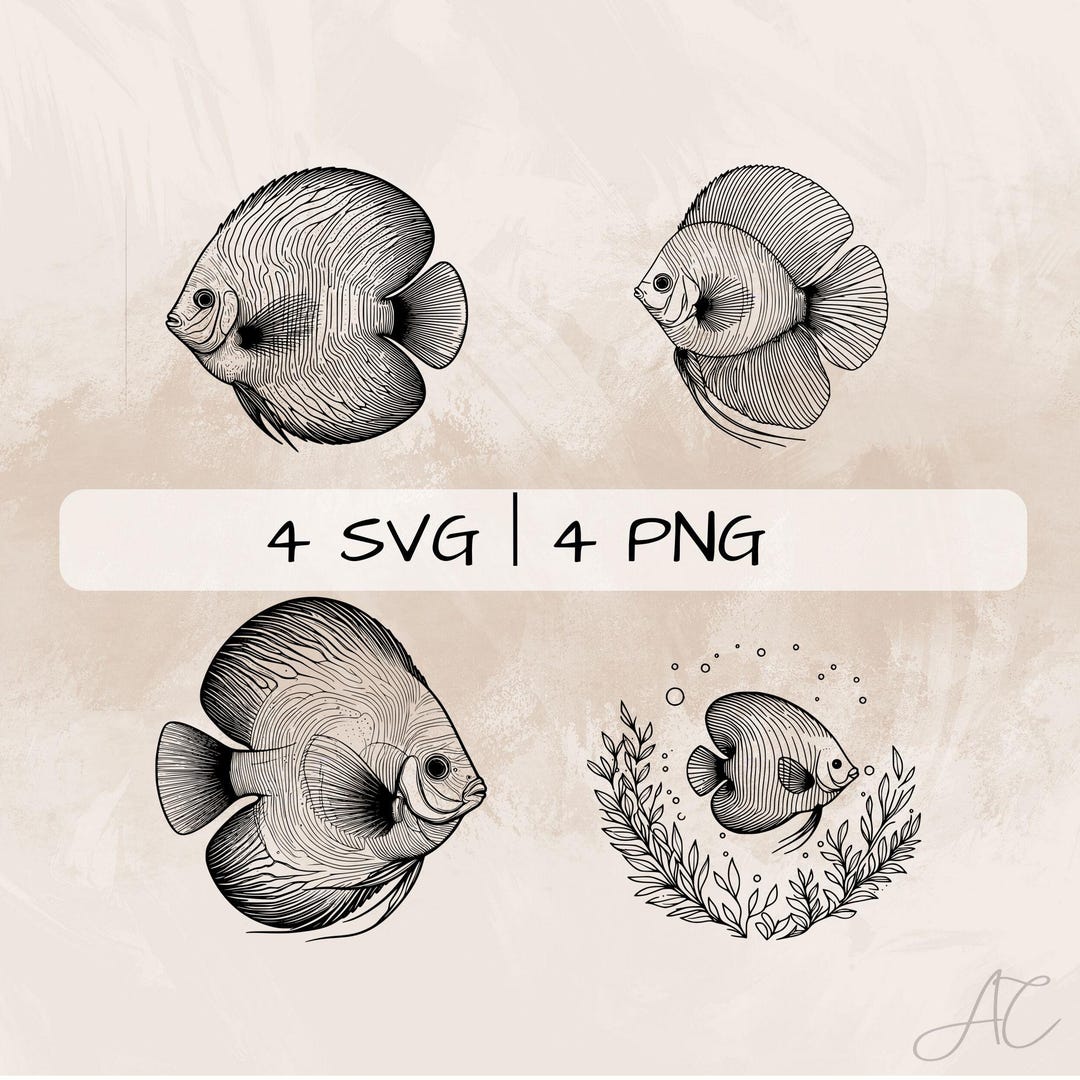 Discus Fish SVG Bundle, Discus Line Art PNG, Delicate Discus Clipart ...