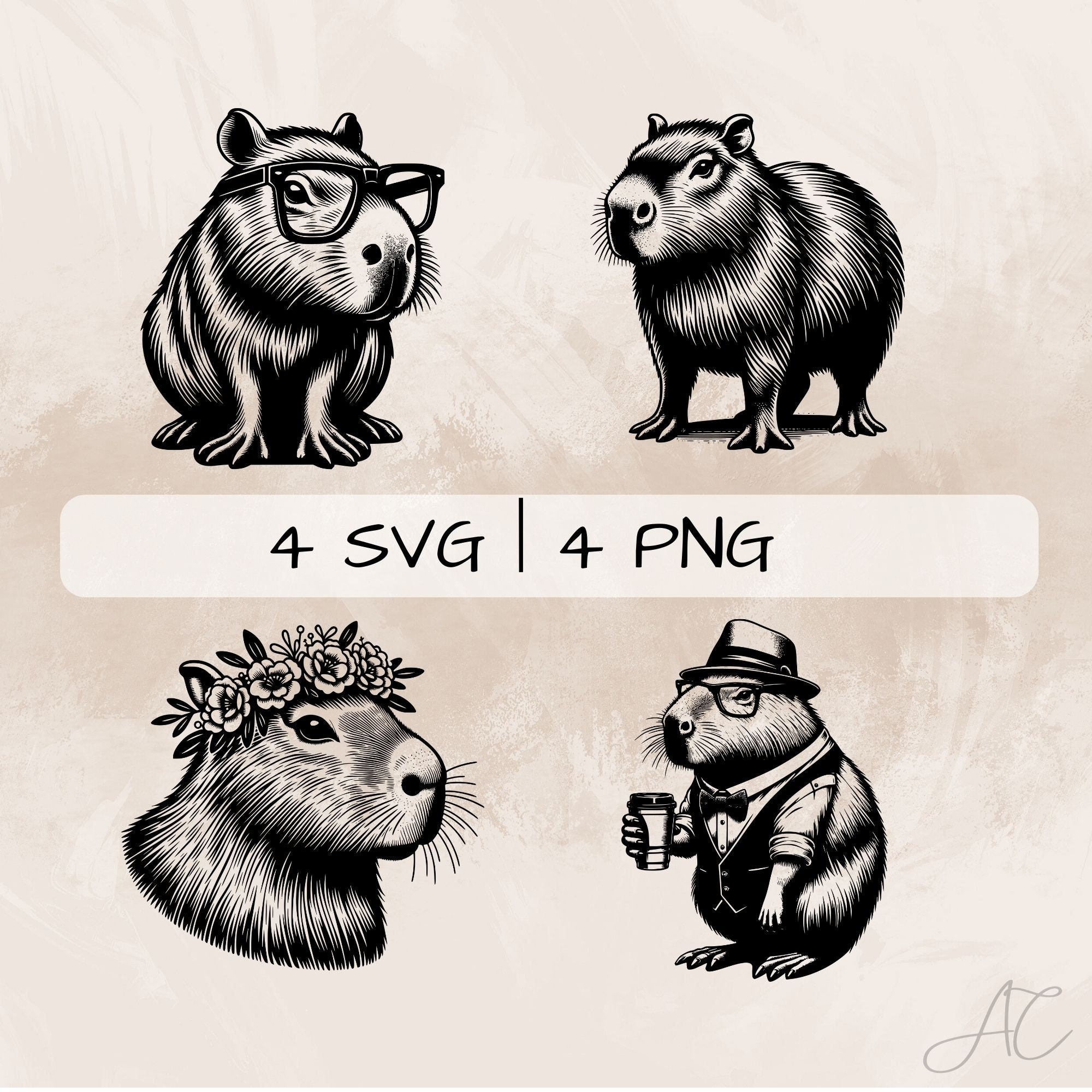 Capybara SVG Bundle, Capybara With Hat PNG, Floral Capybara Clipart ...