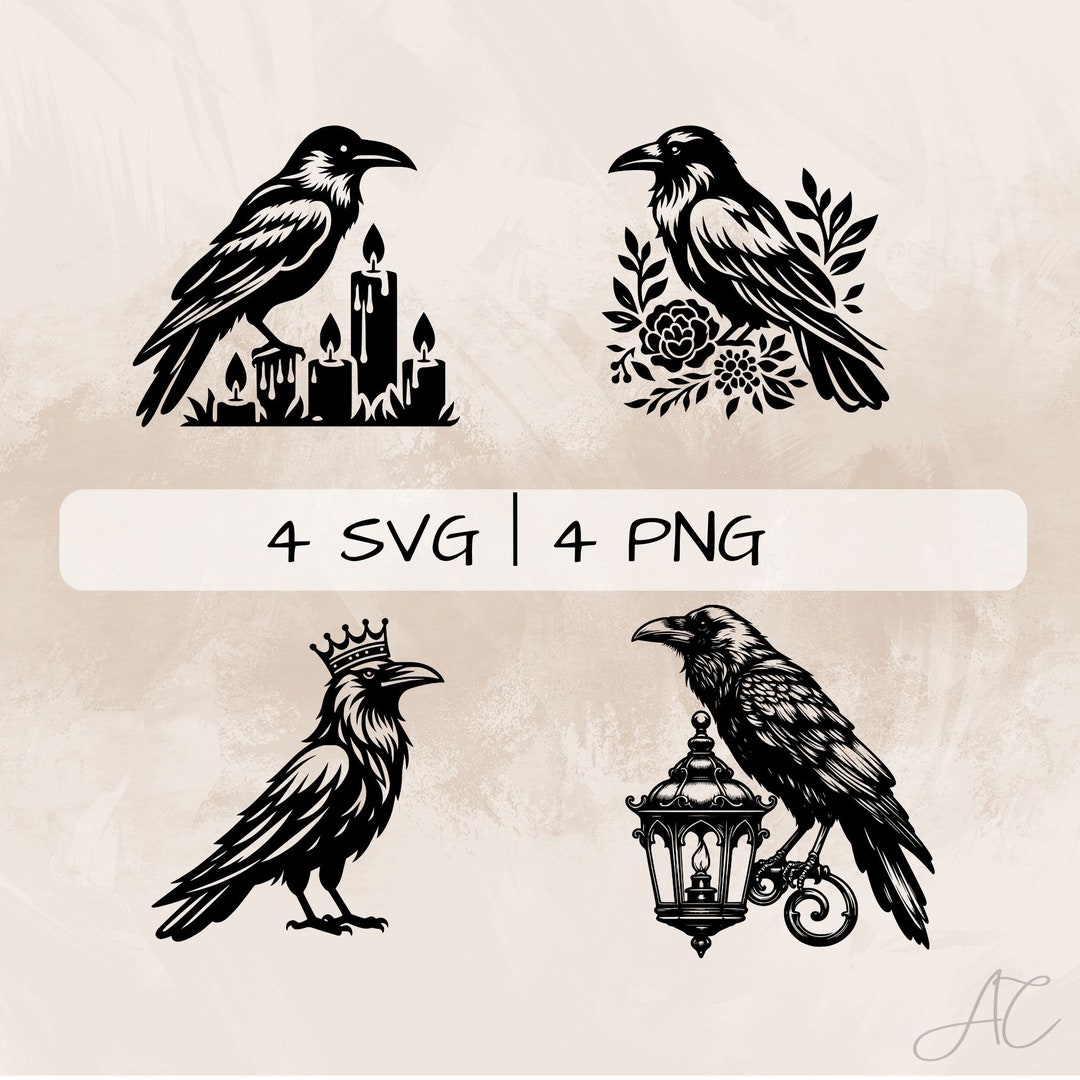 Raven SVG Bundle, Raven and Lantern PNG, Raven With Crown Clipart, Hand ...
