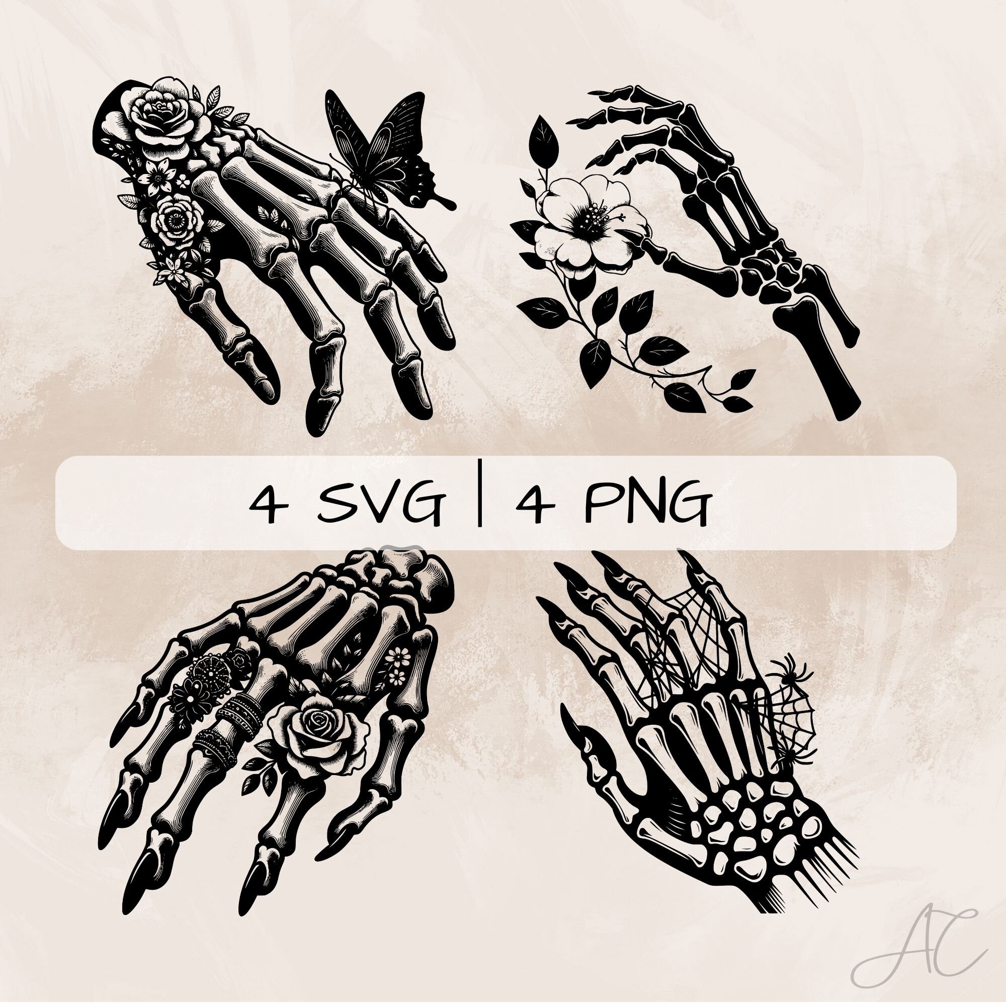 Decorated Skeleton Hands SVG, Floral Skeleton Hands PNG, Clipart, Hand ...