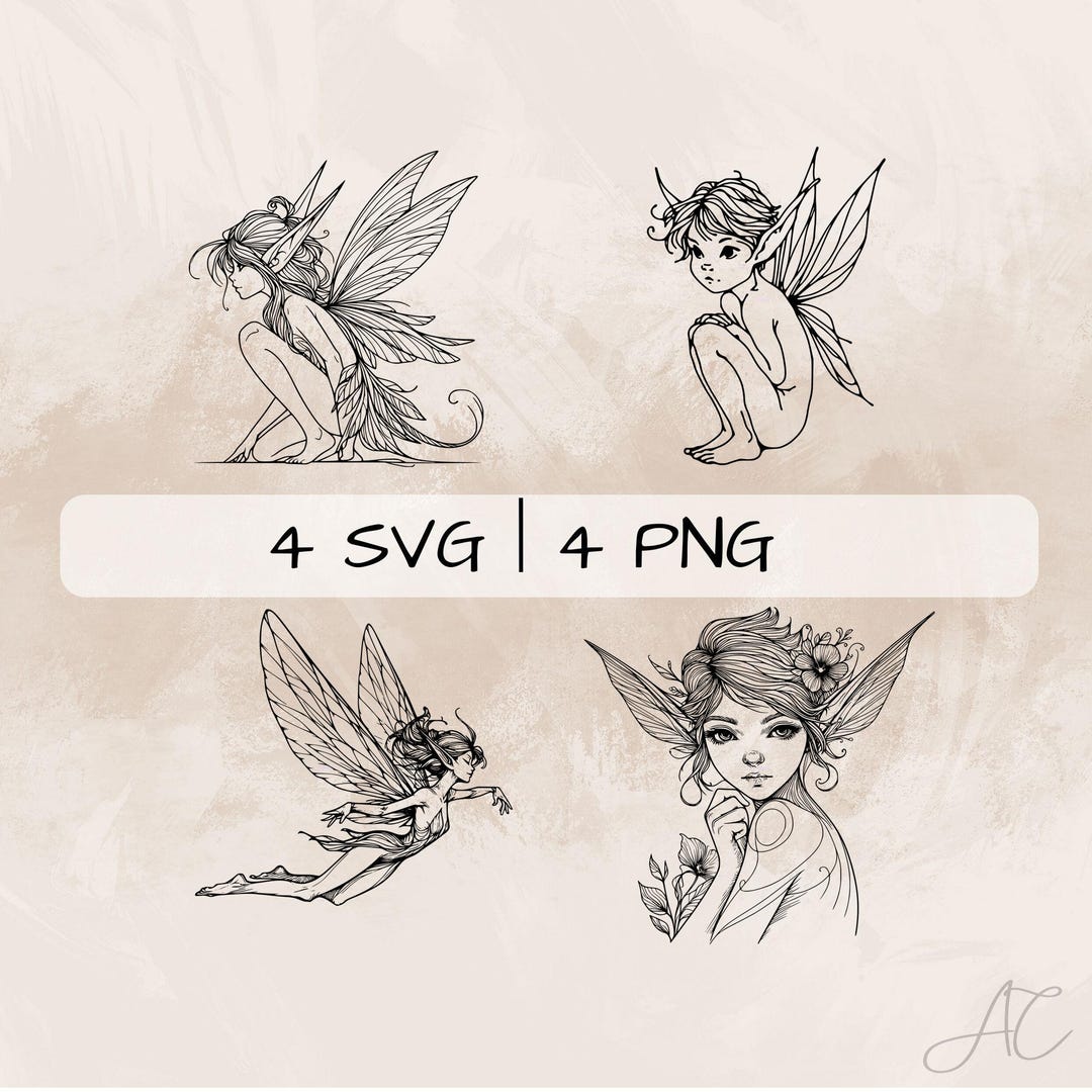 Delicate Pixie SVG Bundle, Pixie Line Art PNG, Pixie Boy Clipart, Hand ...