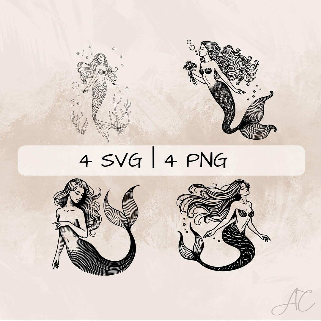 Mermaid SVG Bundle, Cute Mermaid PNG, Mermaid in Sea Clipart, Hand ...
