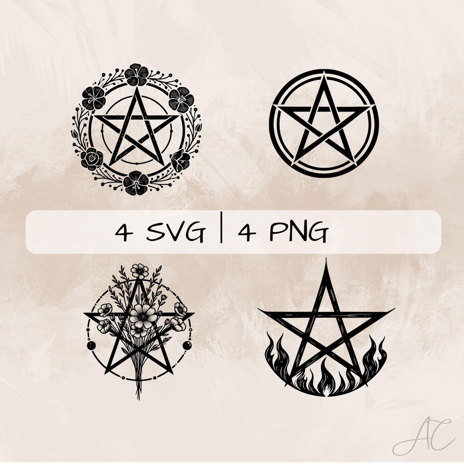 Pentagram SVG Bundle, Pentagram and Flowers PNG, Pentagram and Fire ...