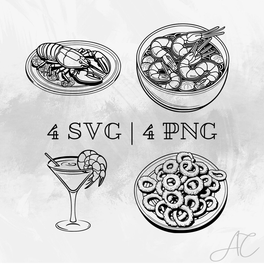 Seafood SVG Bundle, Lobster PNG, Shrimp Cocktail Clip Art, Hand Drawn ...