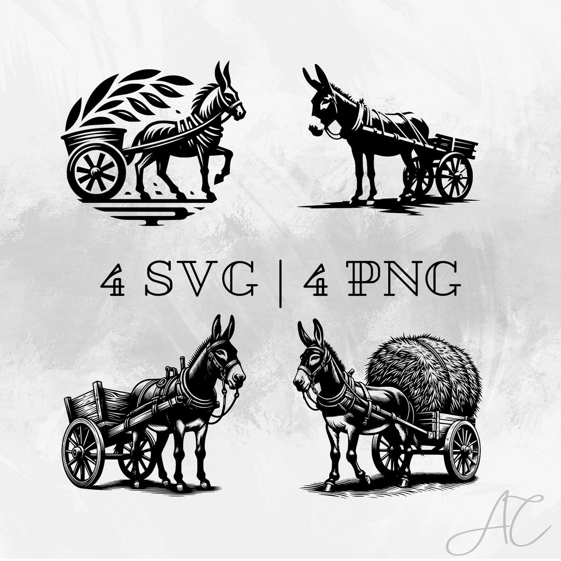 Donkey With Cart SVG Bundle, Donkey PNG, Cart Clipart , Vector, Hand ...