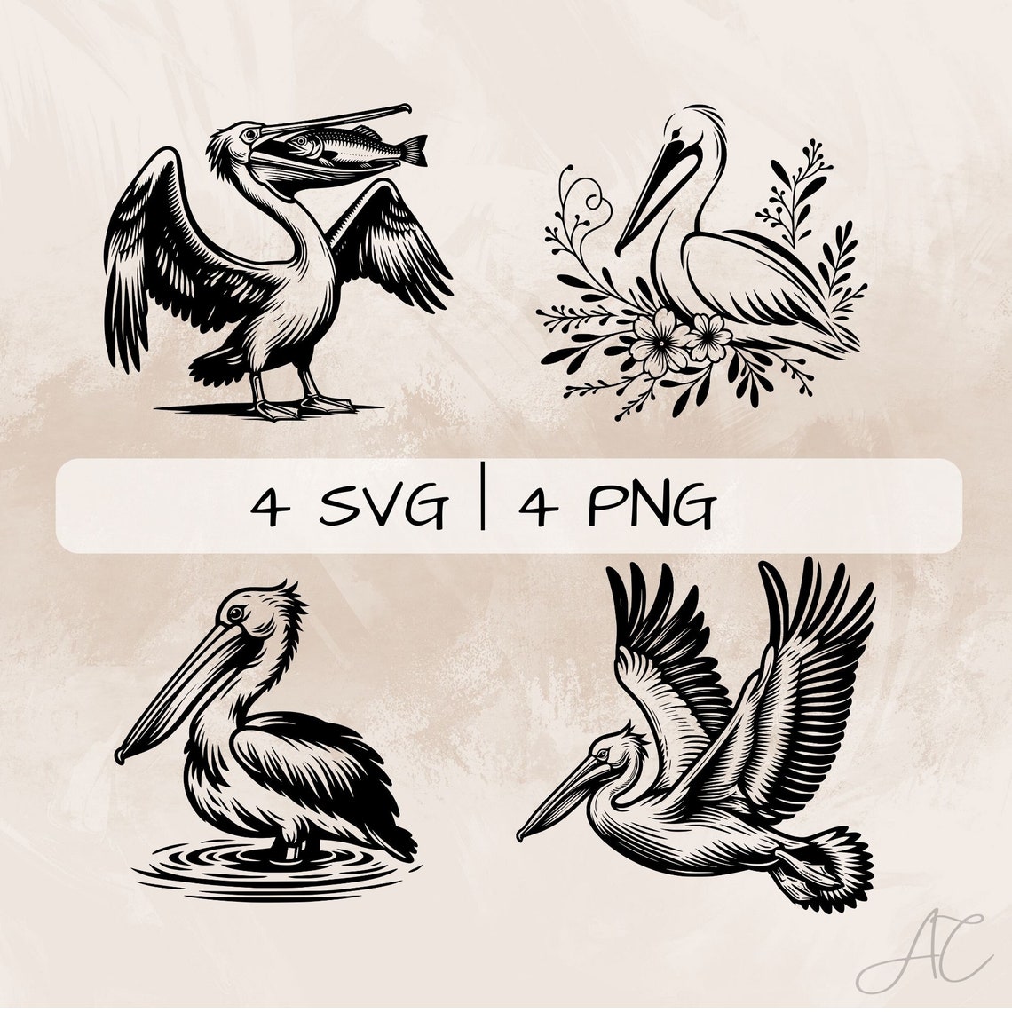 Pelican SVG Bundle, Pelican and Fish PNG, Pelican With Flowers Clipart ...