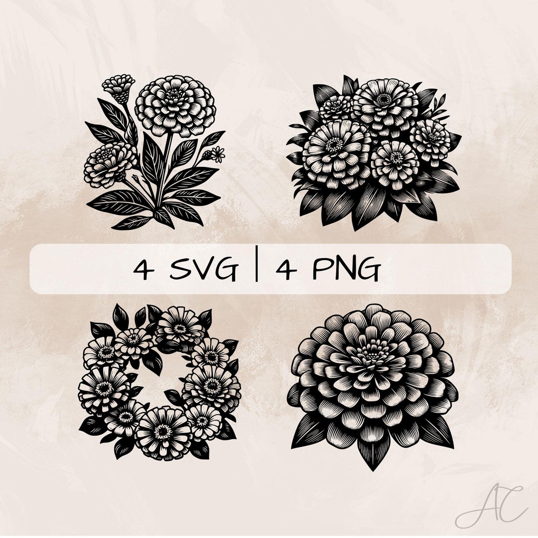 Zinnia SVG Bundle, Zinnia Flower PNG, Zinnia Wreath Clipart, Hand Drawn ...