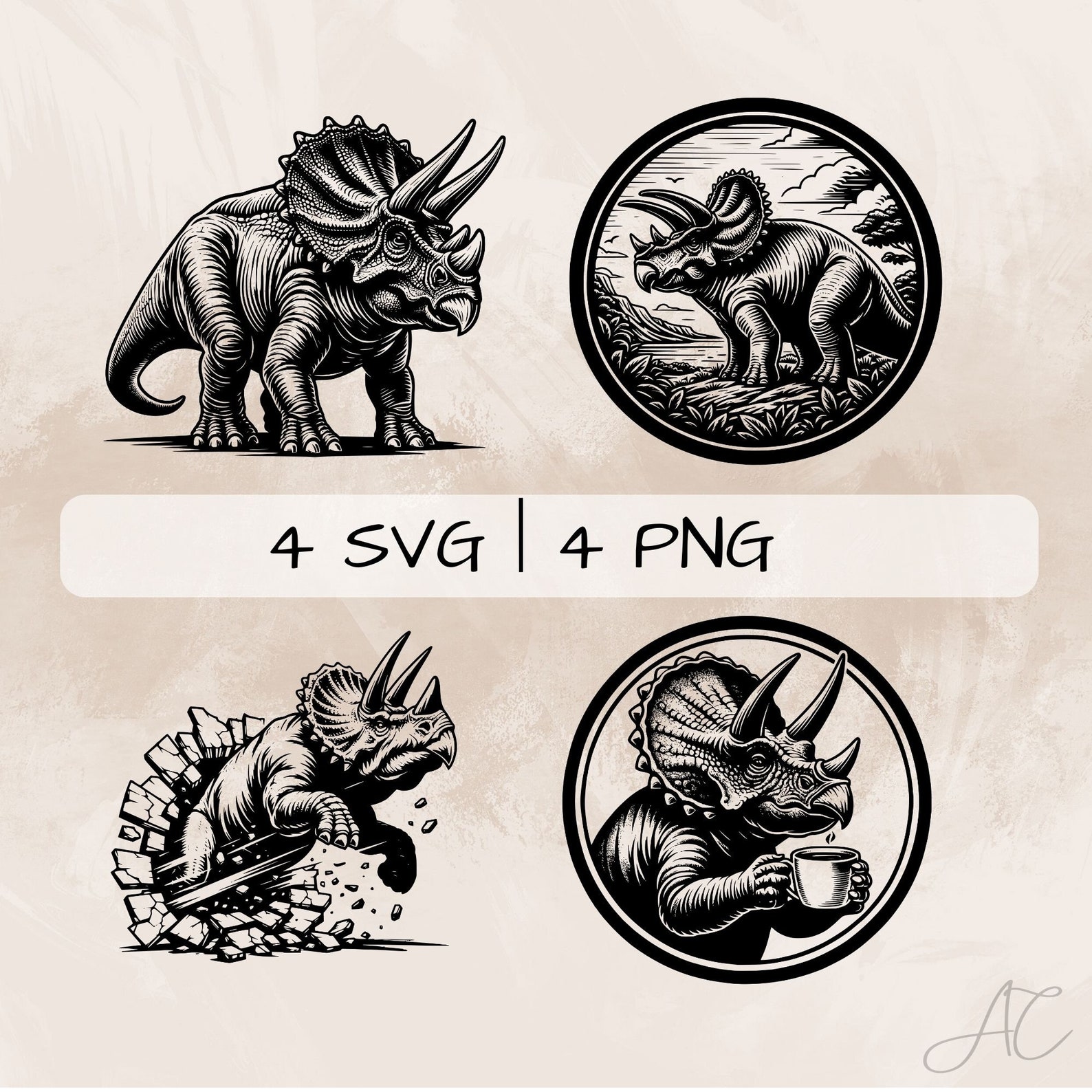 Triceratops SVG Bundle, Dinosaur PNG, Triceratops With Coffee Clipart ...