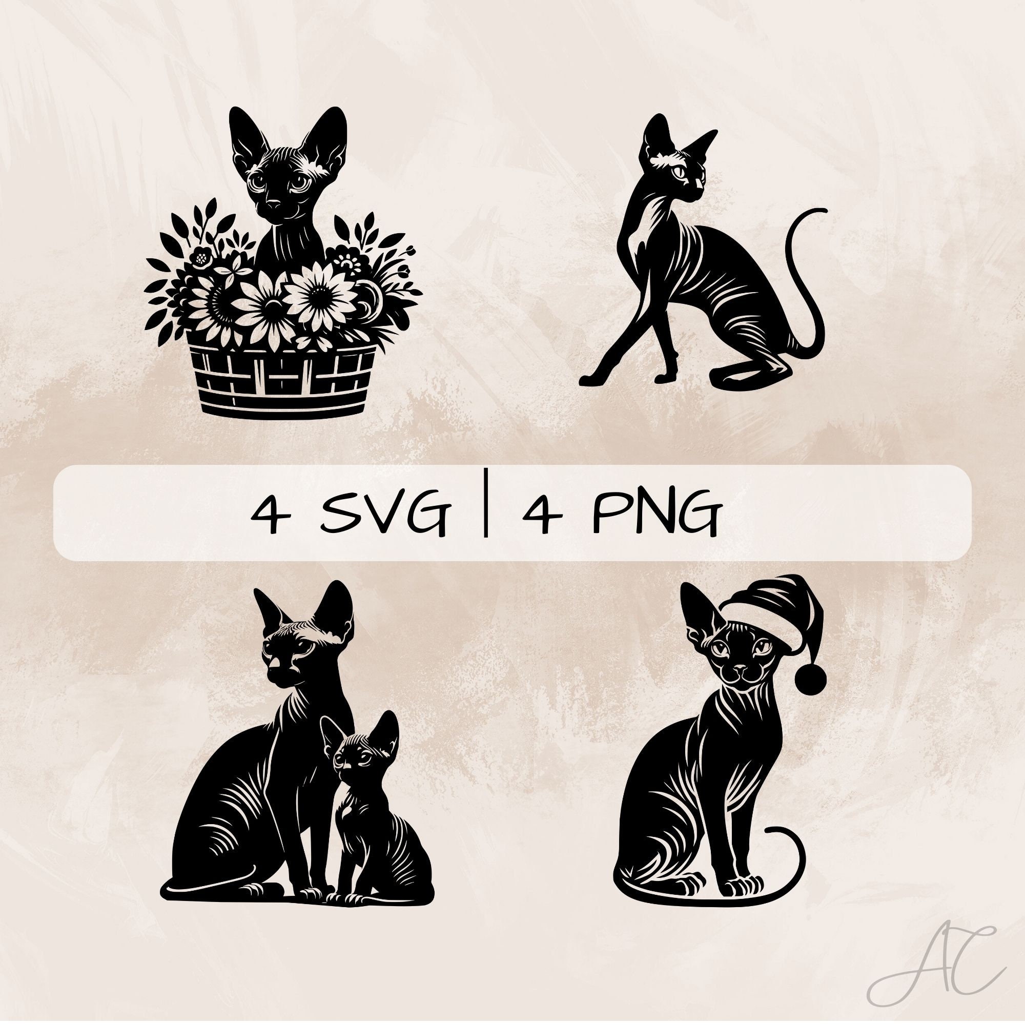 Sphynx Cat SVG Bundle, Cat PNG, Sphynx With Flowers Clipart, Hand Drawn ...