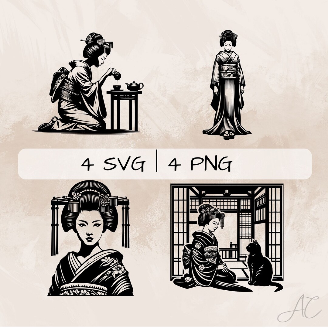 Geisha SVG Bundle, Japanese Geisha PNG, Geisha and Cat Clipart, Hand ...