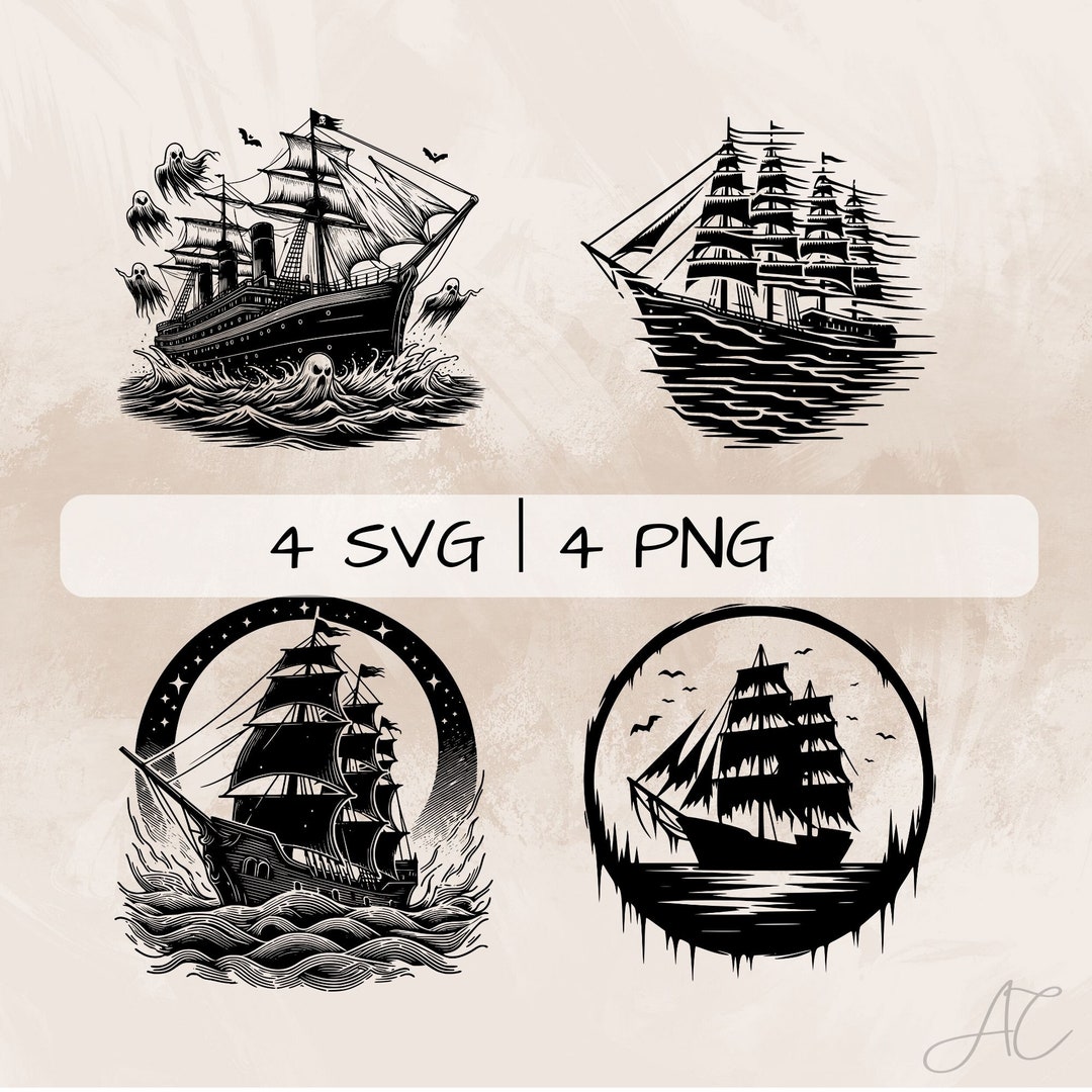 Ghost Ship SVG Bundle, Phantom Ship PNG, Ship Clipart, Hand Drawn Ghost ...