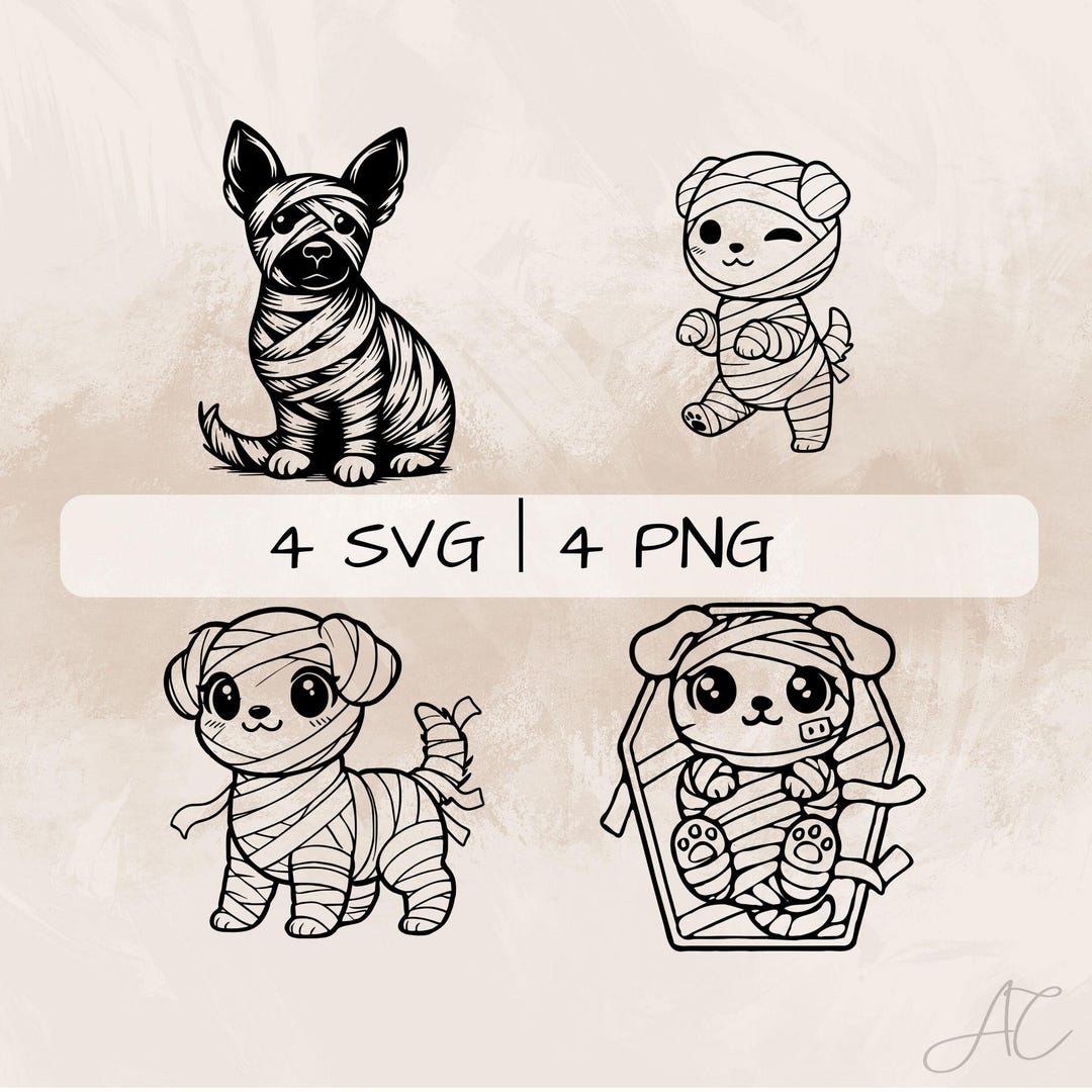 Mummy Dog SVG Bundle, Cute Mummy Dog PNG, Cute Halloween Clipart, Hand ...