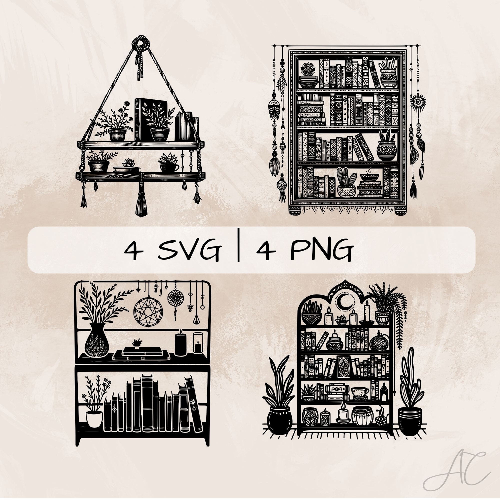Bookshelf SVG Bundle, Book PNG, Gothic Bookshelf Clipart, Hand Drawn ...