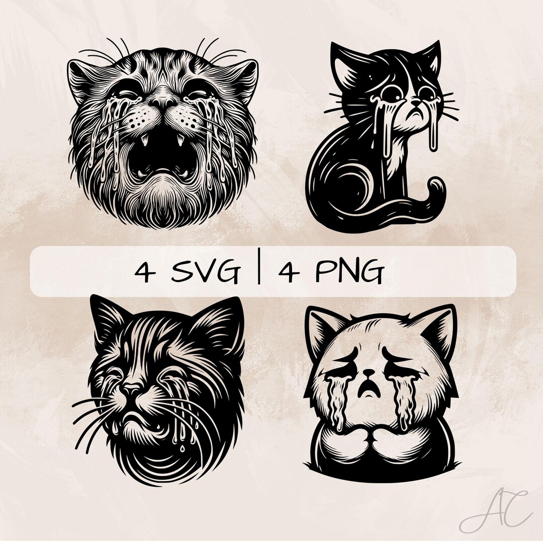 Cat SVG Bundle, Crying Cat PNG ,sad Cat Clipart, Hand Drawn Crying Cat ...