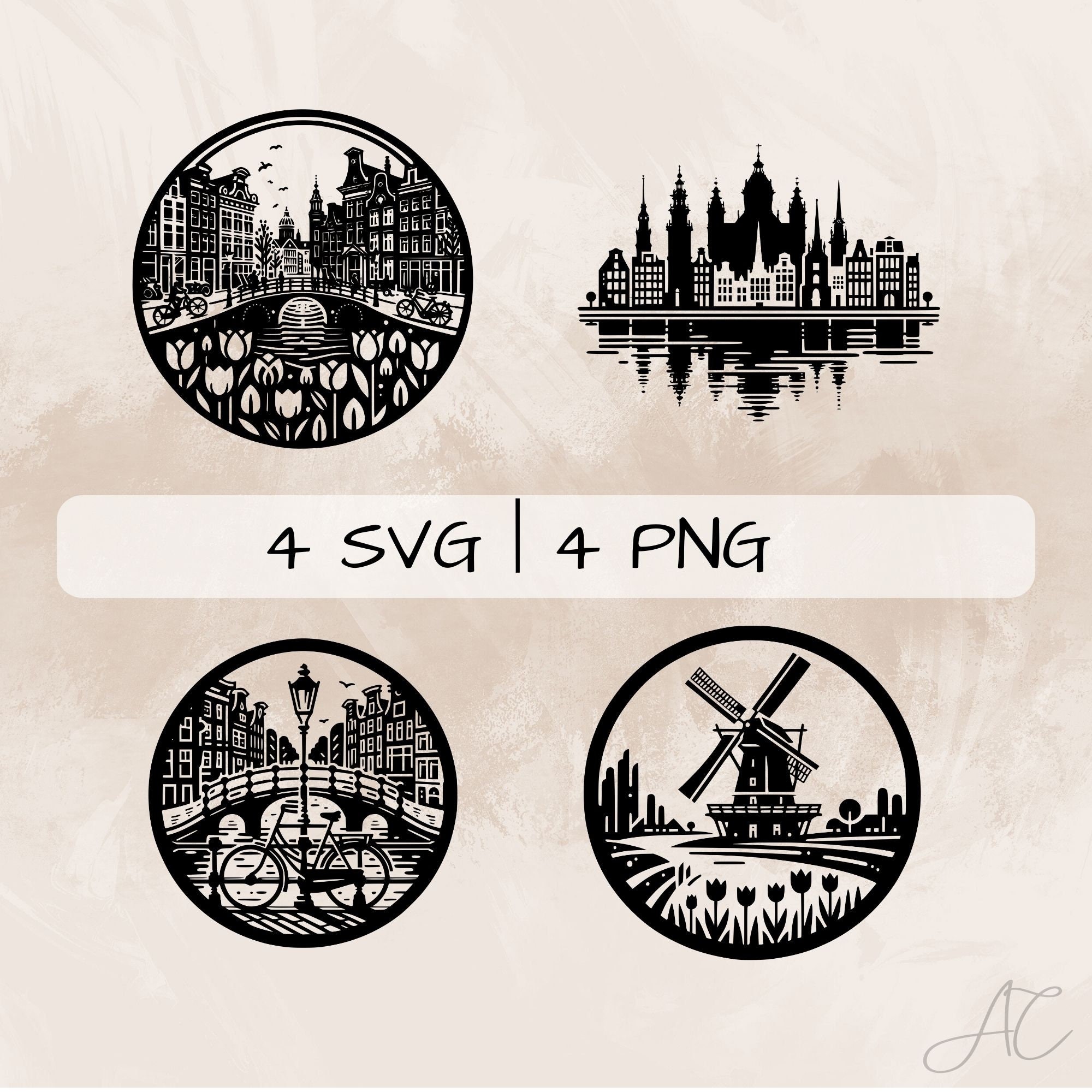 Amsterdam Scene SVG Bundle, Holland PNG, Netherlands Clipart, Hand ...