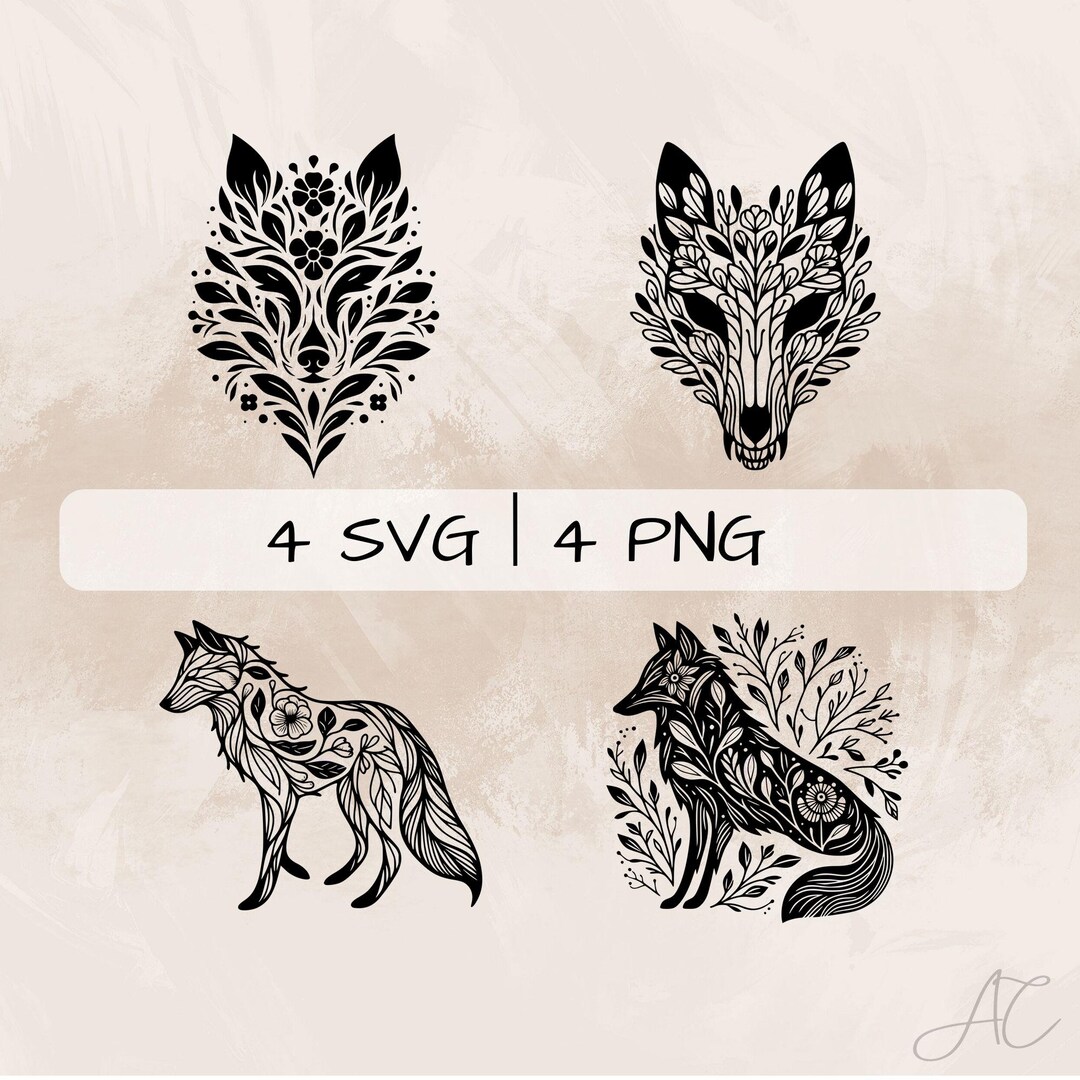 Floral Wolf SVG Bundle, Wolf PNG, Wolf and Flowers Clipart, Hand Drawn ...