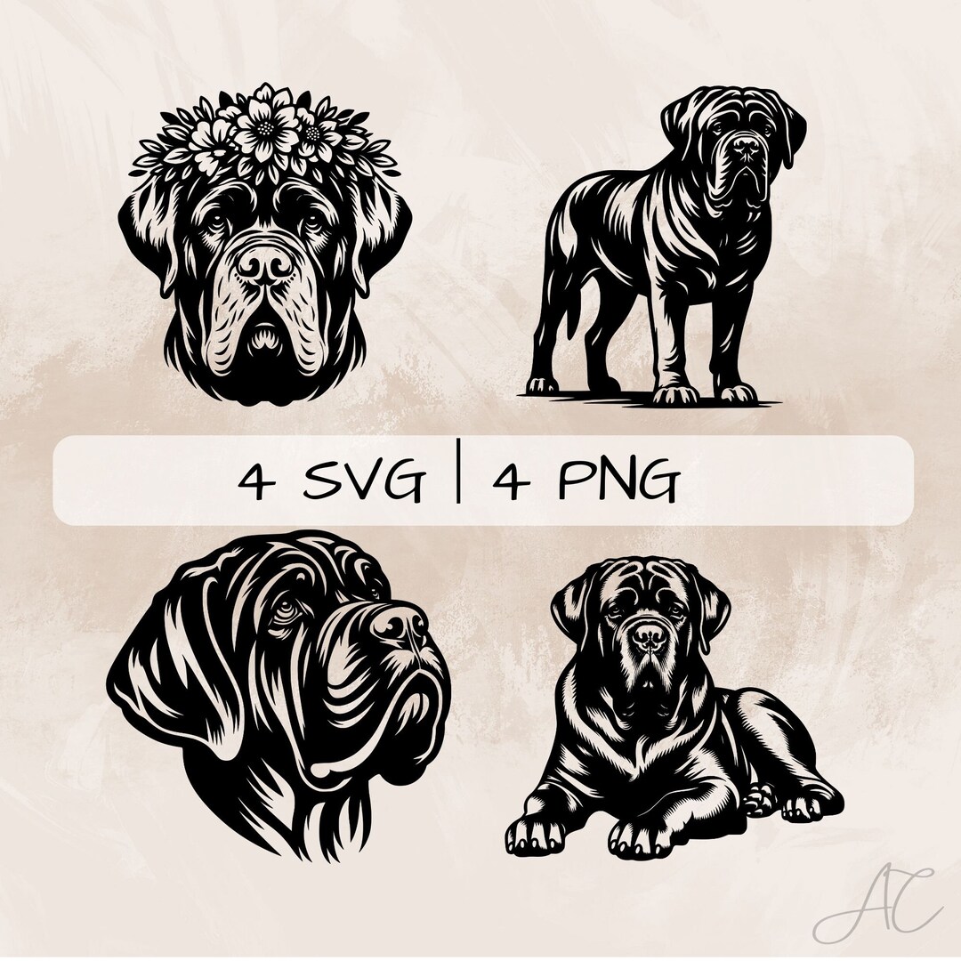Mastiff SVG Bundle, Mastiff and Flowers PNG, Mastiff Dog Clipart , Hand ...