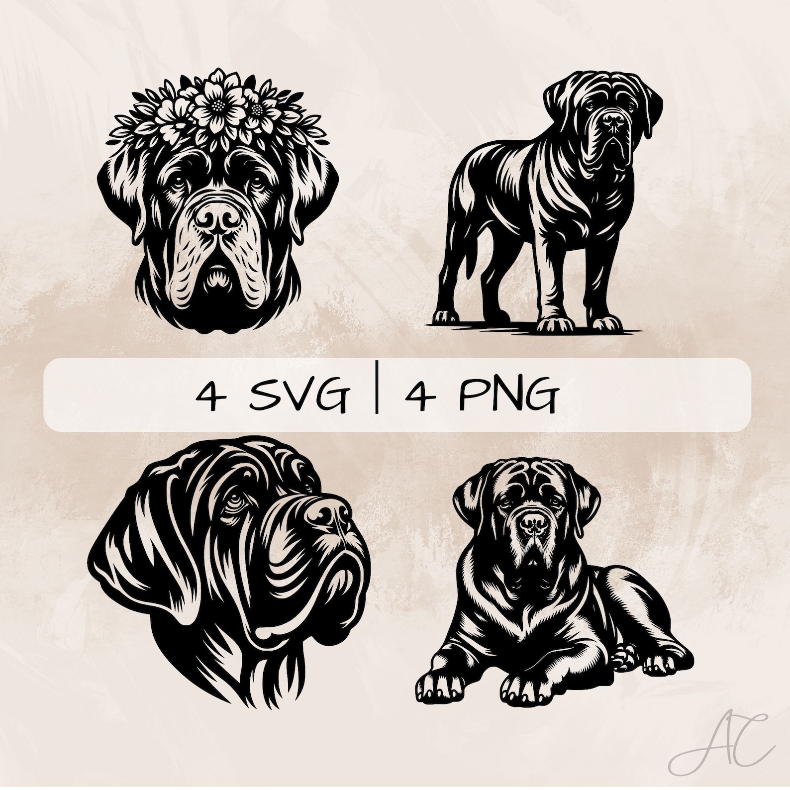 Mastiff SVG Bundle, Mastiff and Flowers PNG, Mastiff Dog Clipart , Hand ...