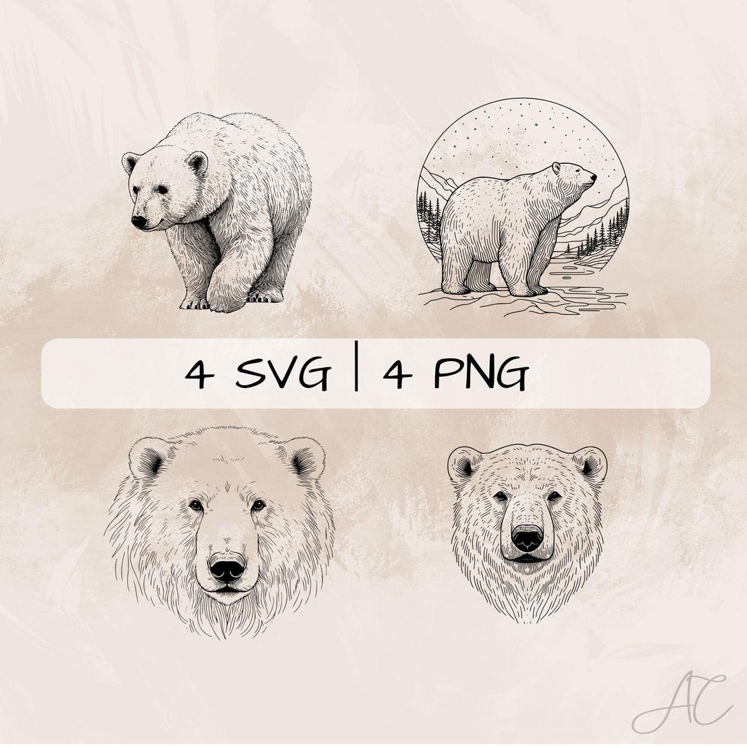 Delicate Polar Bear SVG Bundle, Polar Bear Line Art PNG, Polar Bear ...