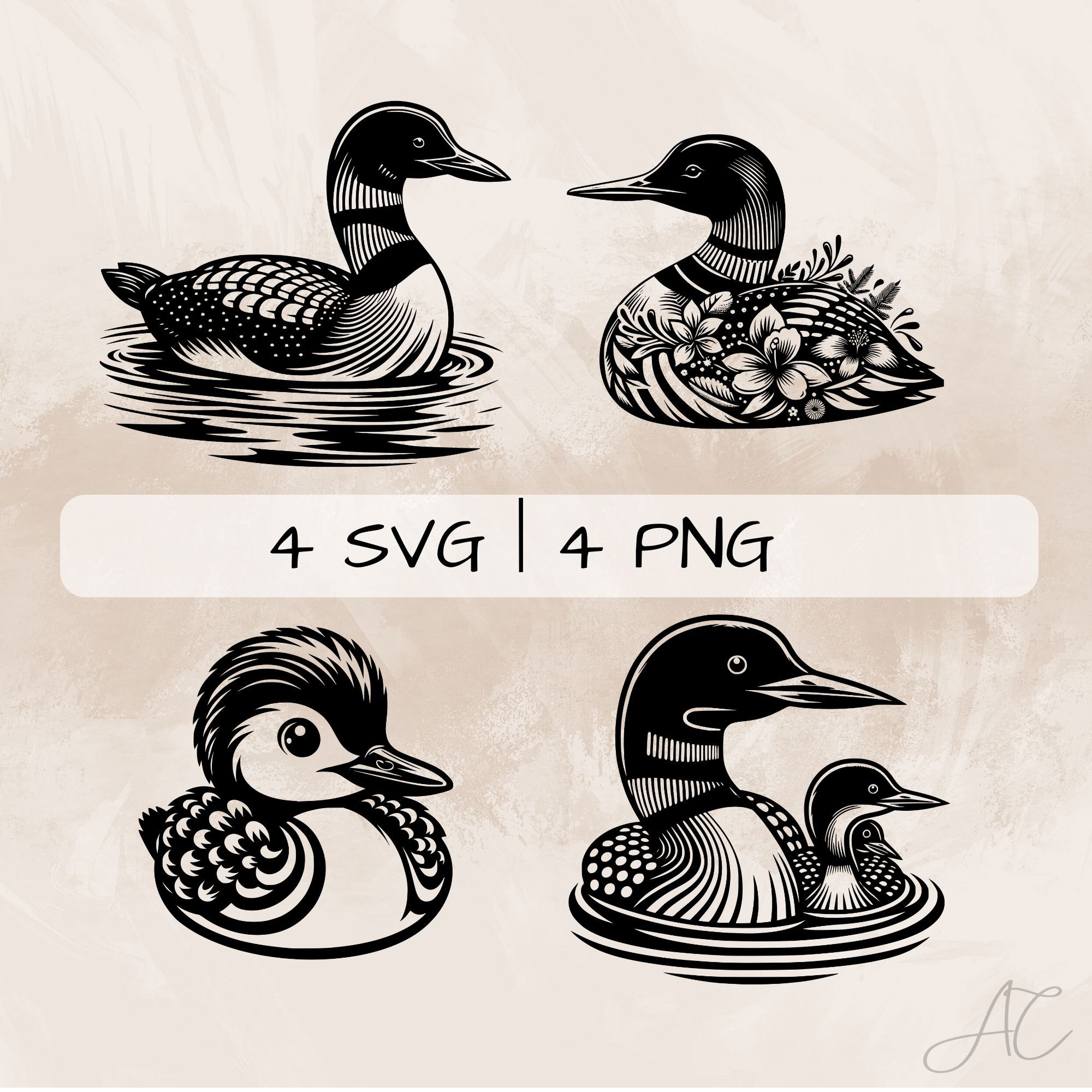 Loon SVG Bundle, Floral Loon PNG, Loon in Water Clipart, Hand Drawn ...
