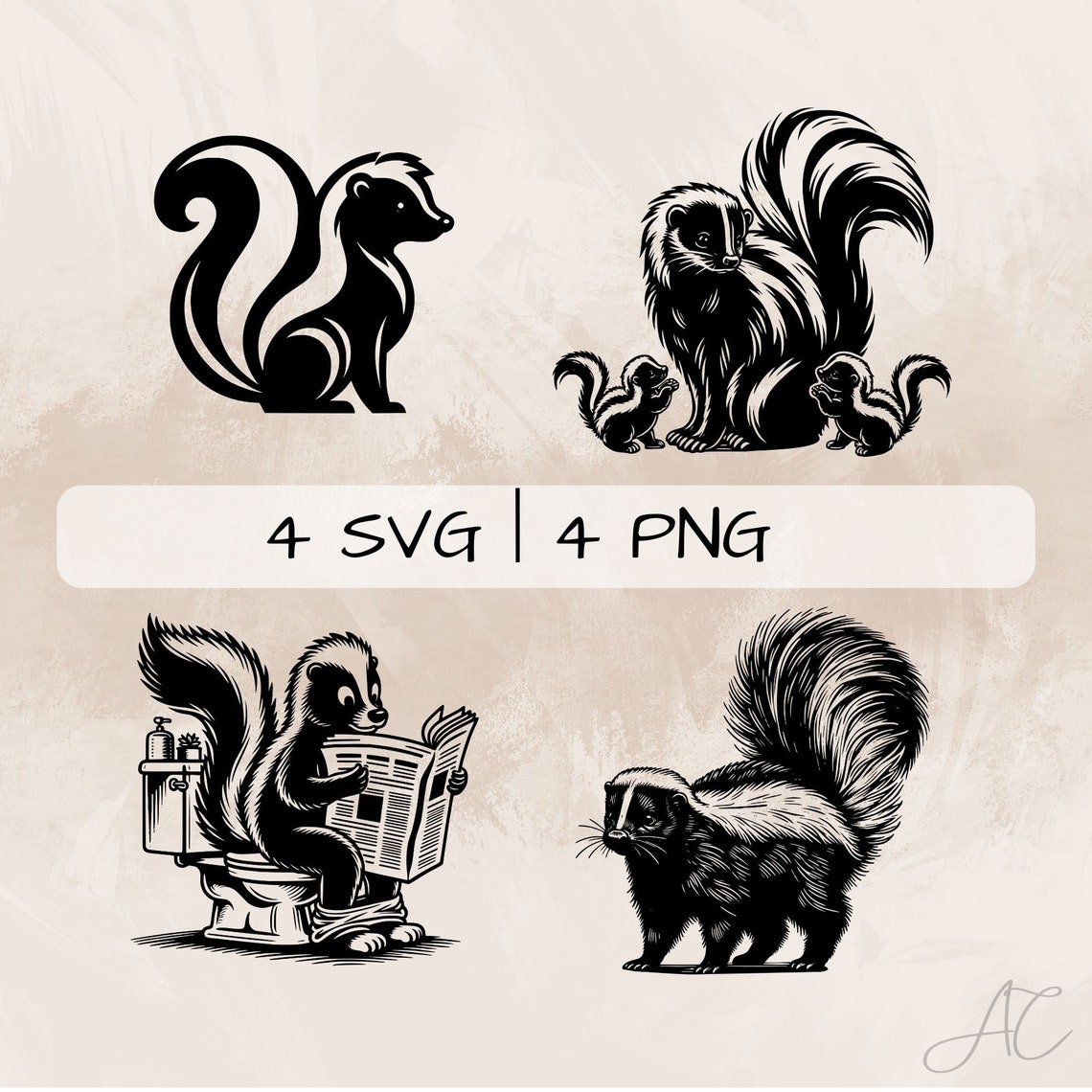 Skunk SVG Bundle, Skunk in Toilet PNG, Skunk With Kits Clipart, Hand ...