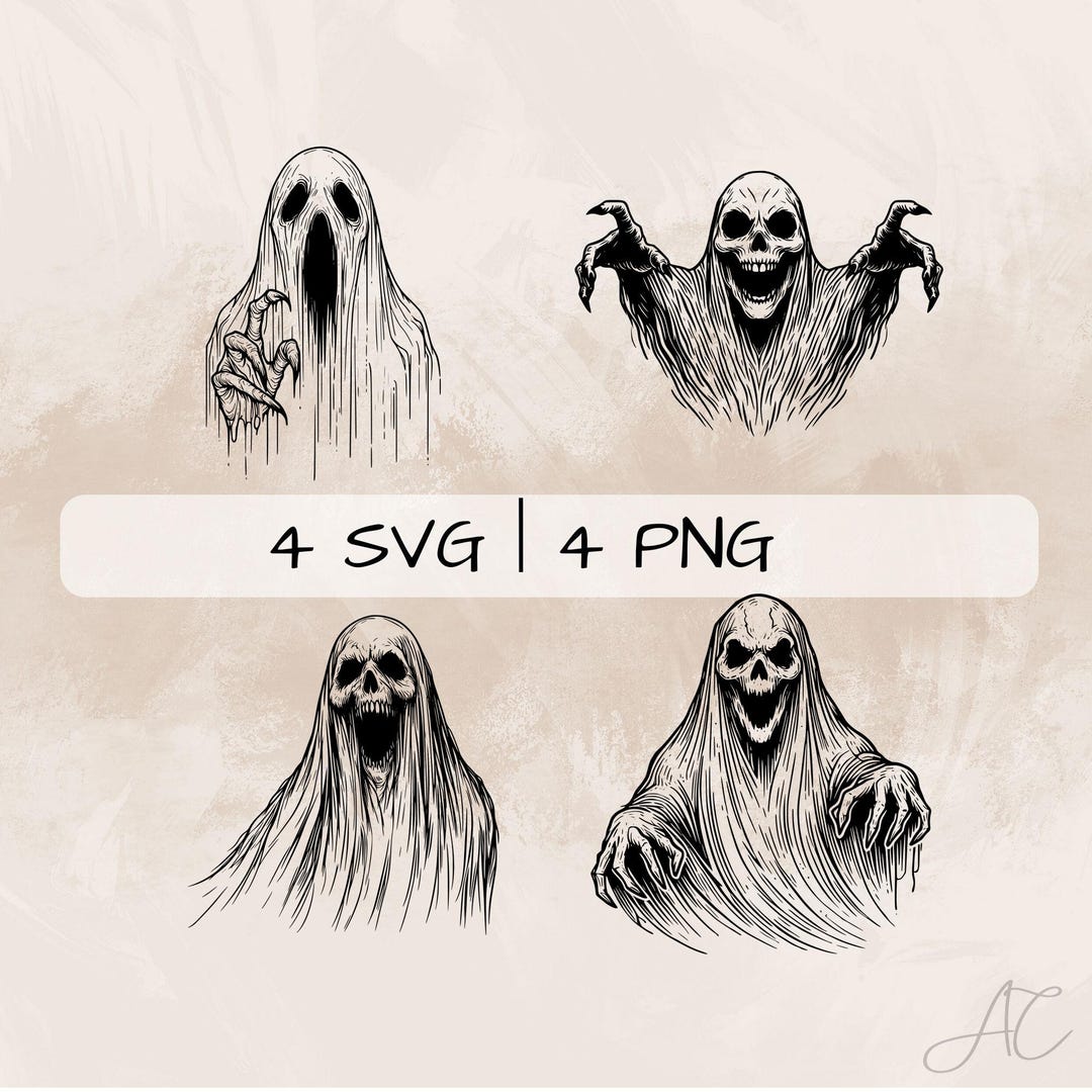 Scary Ghost SVG Bundle, Halloween Ghost PNG, Spooky Ghost Clipart, Hand ...
