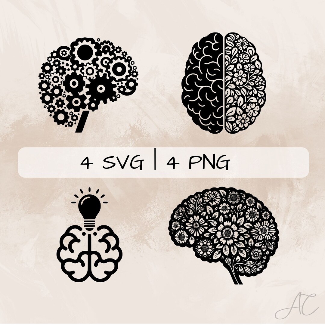 Brain SVG, Floral Brain PNG, Brain and Light Bulb Clipart, Vector, Hand ...