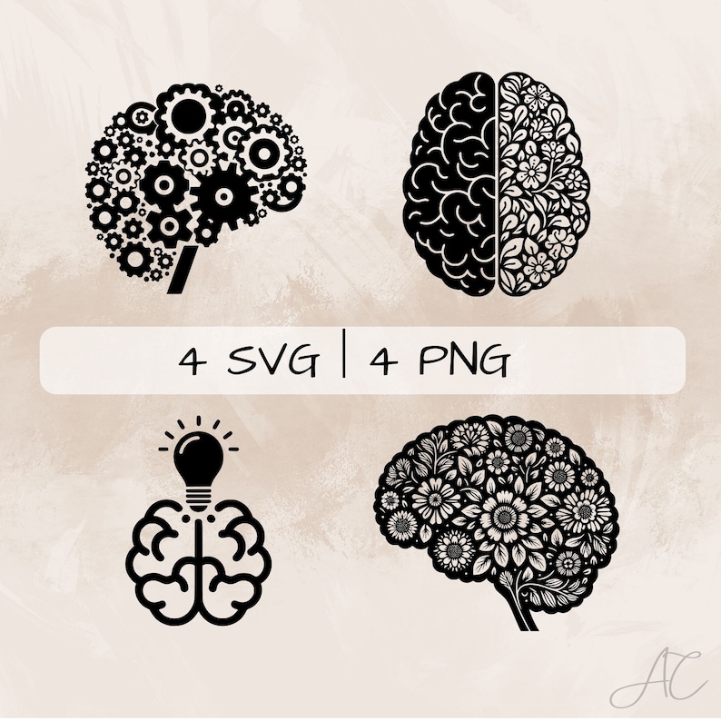 Brain SVG, Floral Brain PNG, Brain and Light Bulb Clipart, Vector, Hand ...