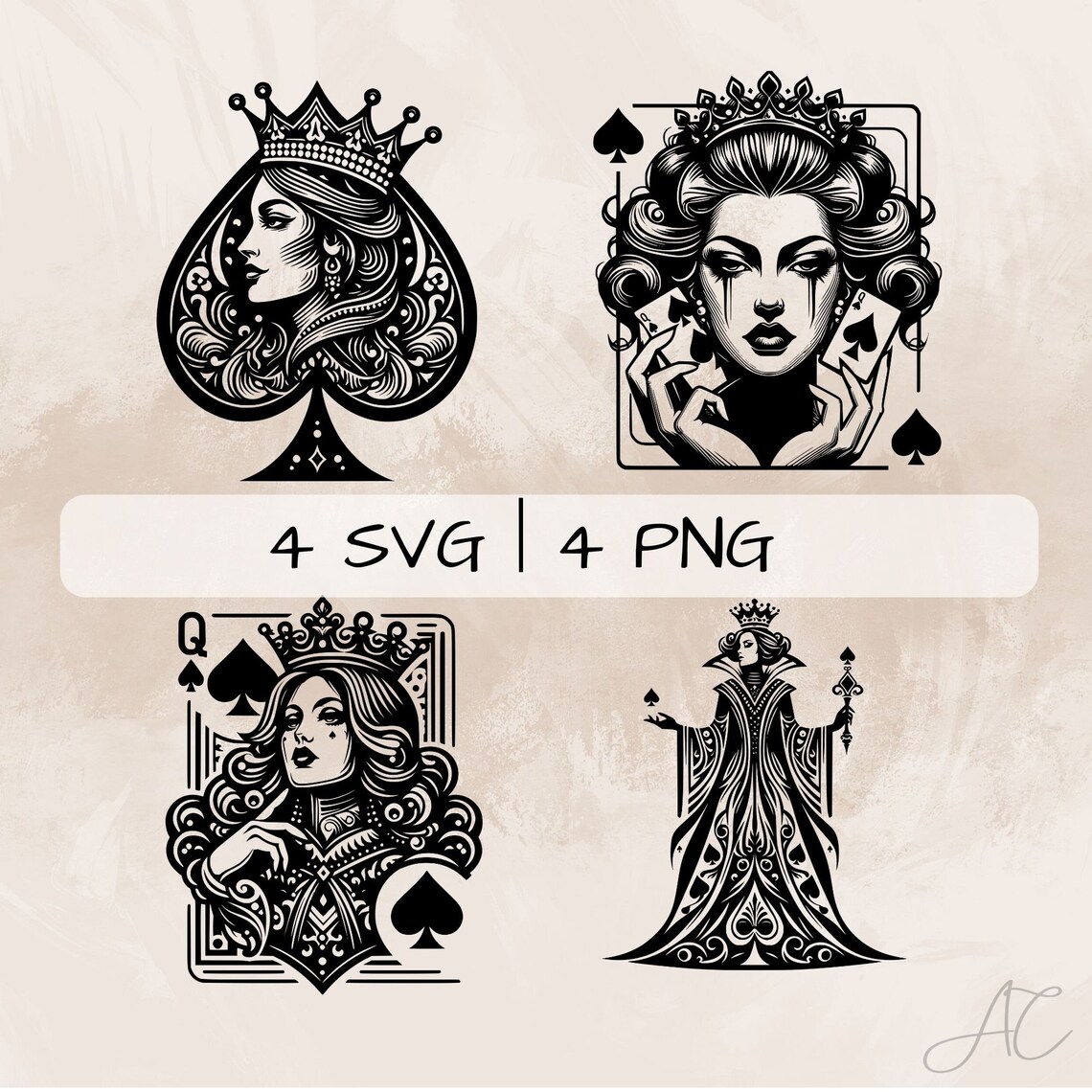 Queen of Spades SVG Bundle, Queen PNG, Spade Card Clipart, Hand Drawn ...