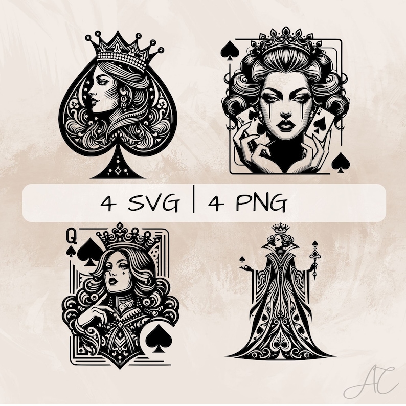 Queen of Spades SVG Bundle, Queen PNG, Spade Card Clipart, Hand Drawn ...