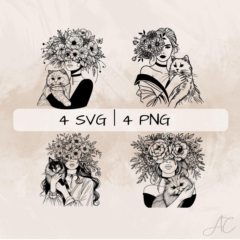 Cat Mom SVG Bundle, Cat Lady PNG, Cat Lady and Flowers Clipart, Hand ...