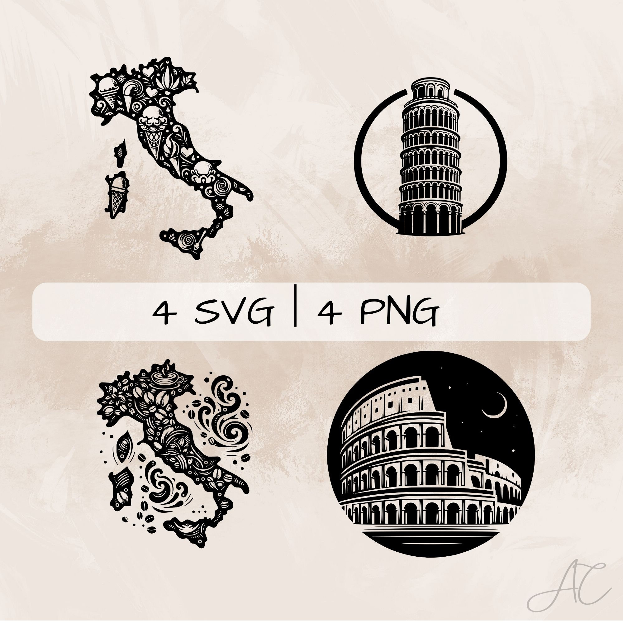 Italy SVG Bundle, Pisa PNG, Colosseum Clipart, Hand Drawn Italy ...