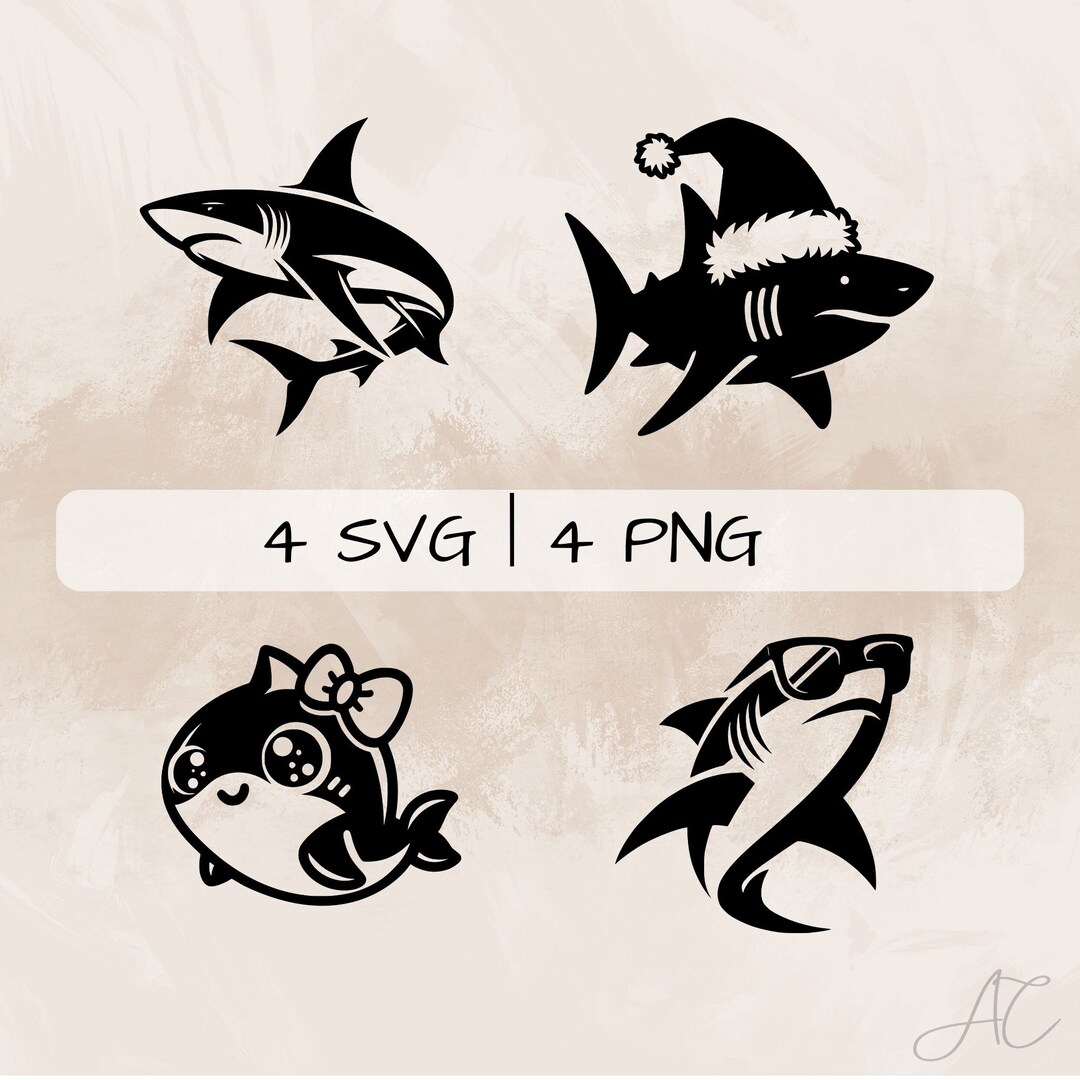 Shark SVG Bundle, Cute Shark PNG, Shark With Sunglasses Clipart, Hand ...