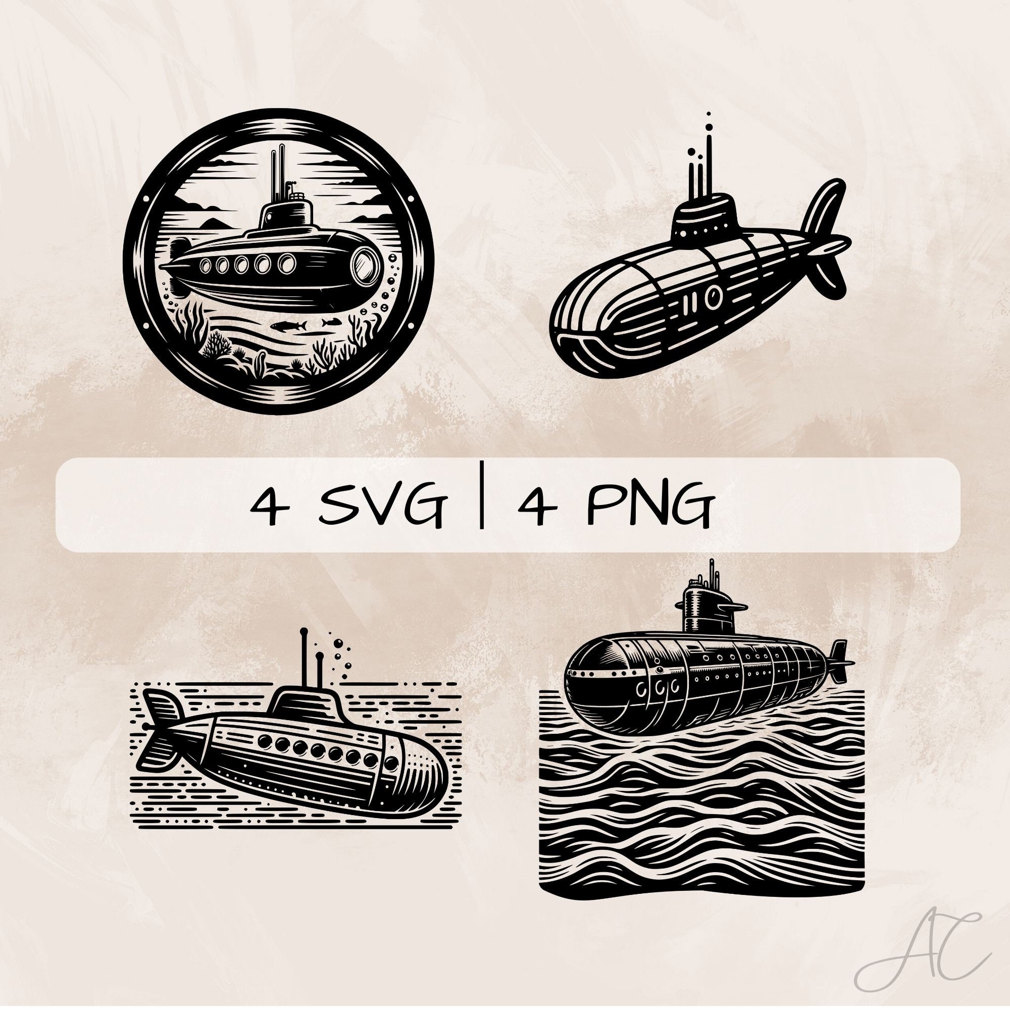 Submarine SVG Bundle, Submarine in Sea PNG, Submarine Scene, Hand Drawn ...