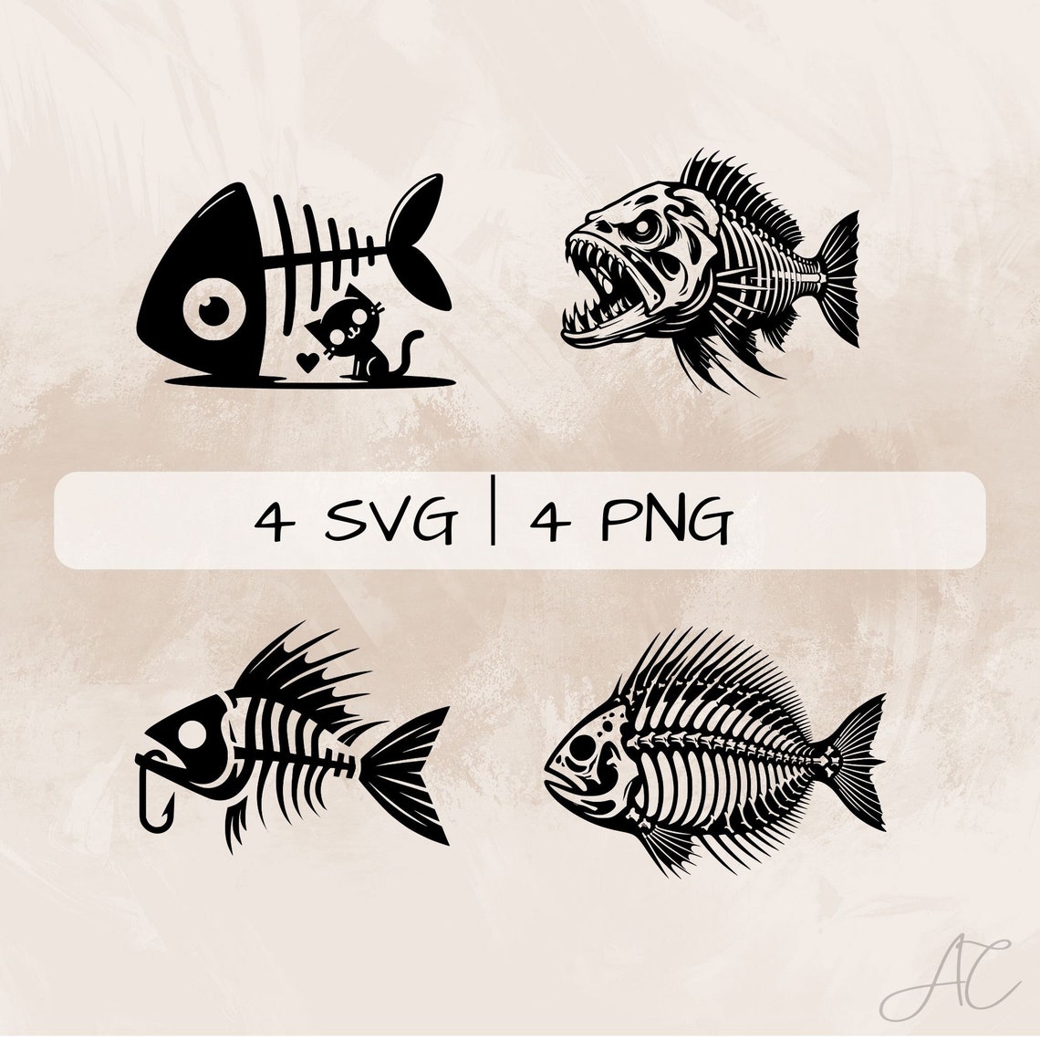 Skeleton Fish SVG Bundle, Fishbone PNG, Skeleton Fish With Cat Clipart ...