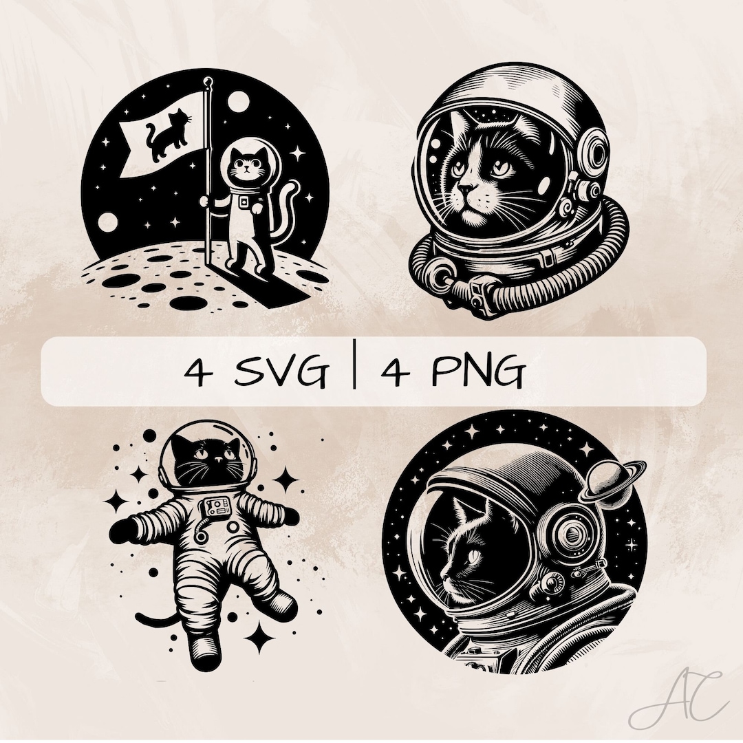 Space Cat SVG & PNG Bundle,cat Astronaut Clipart, Hand Drawn Space Cat ...