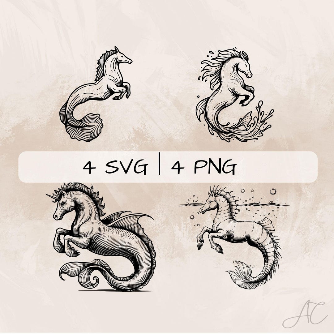 Hippocampus SVG Bundle, Hippocamp PNG, Sea Horse Clipart, Hand Drawn ...